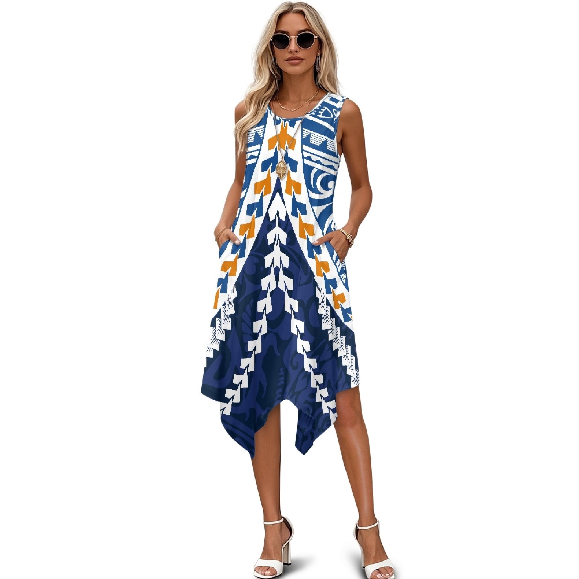 Binienty Geometric Print Sleeveless Sundress, Asymmetric Hem Midi Dress ...