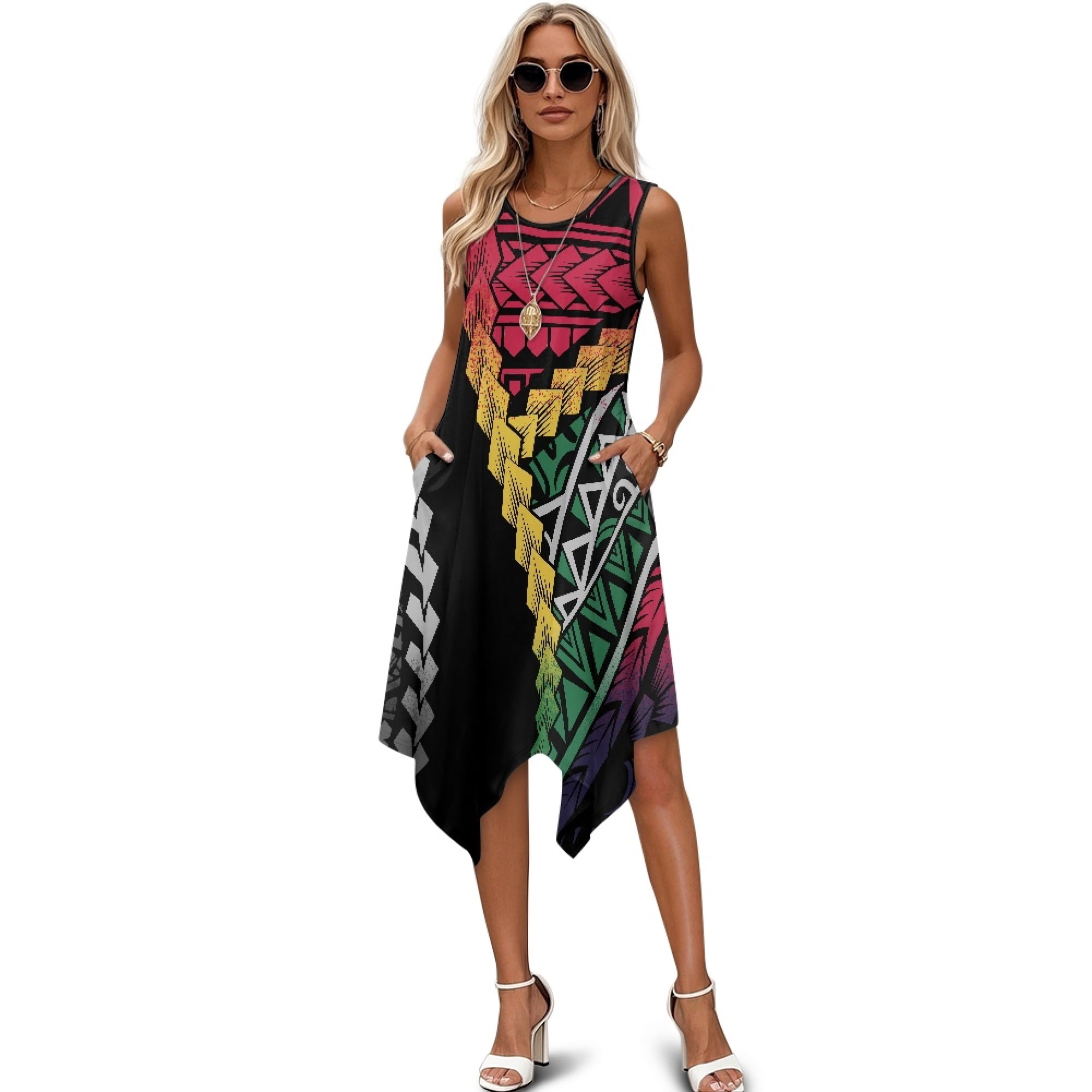 Binienty Geometric Sleeveless Sundress, with Side Pockets Asymmetric ...