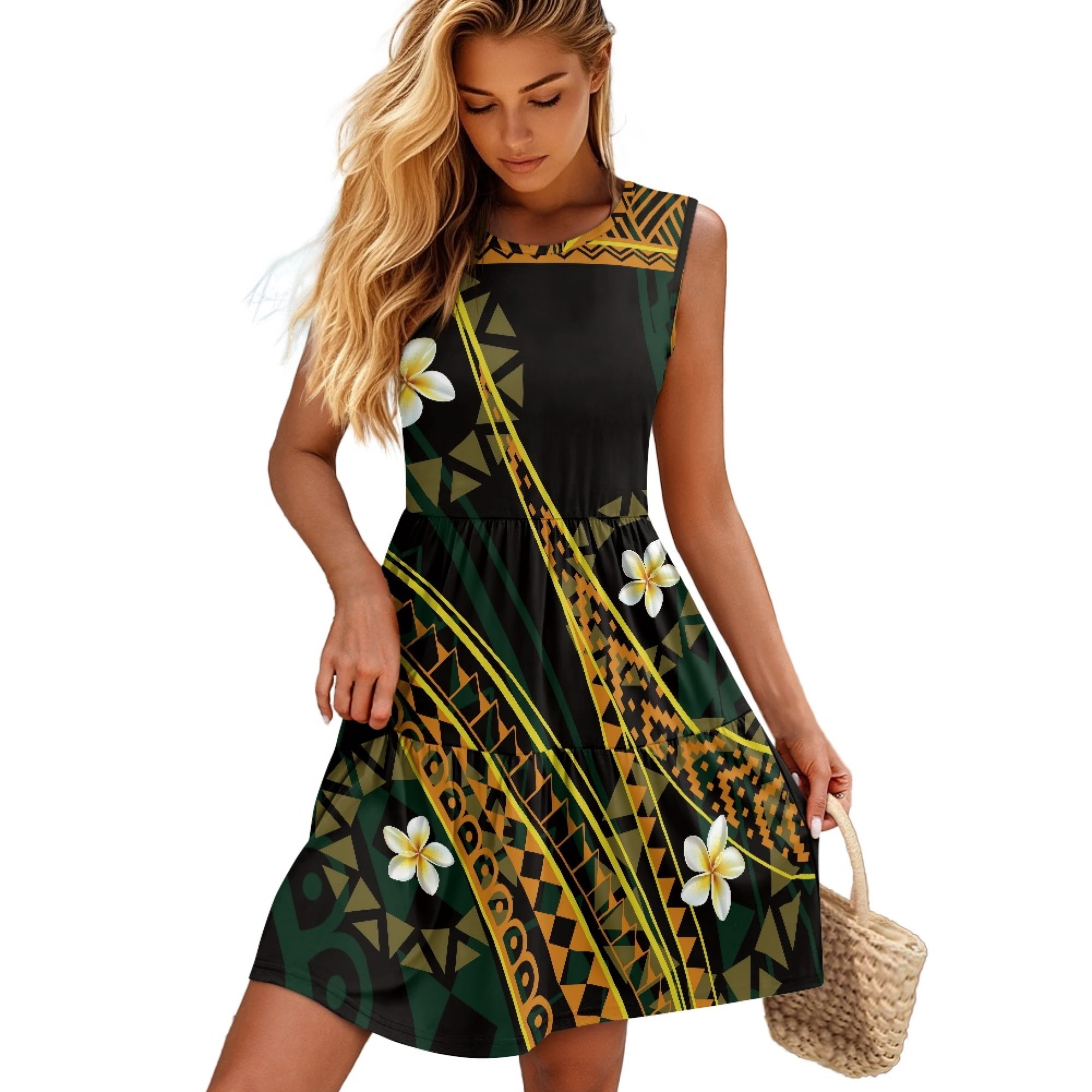 Binienty Geometry Floral Pleated Sleeveless Mini Sundress Ruffle Casual ...