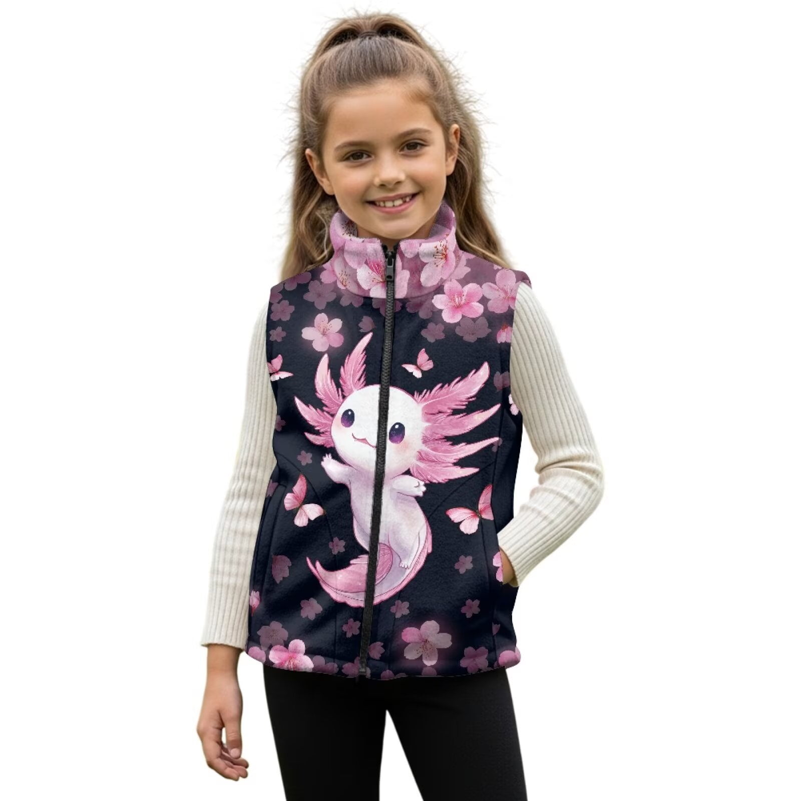 Binienty Girls Vest Waistcoat Size 7-8 Cute Fluffy Fuzzy Floral Axolotl ...