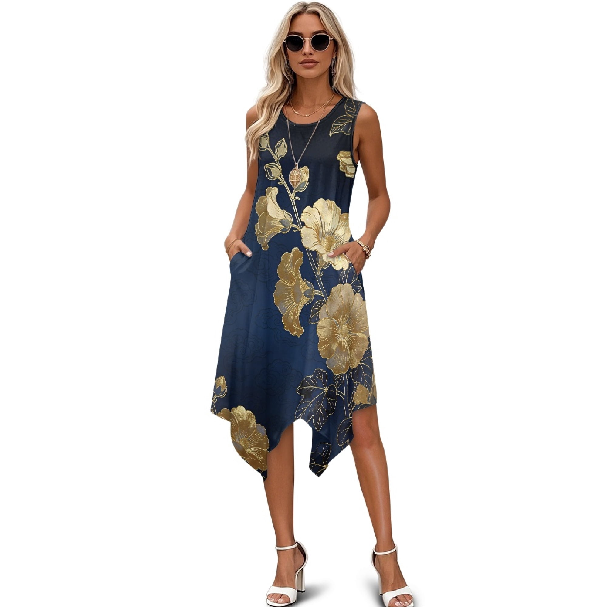 Binienty Gold Floral Navy Sleeveless Sundress, Side Pockets Ladies ...