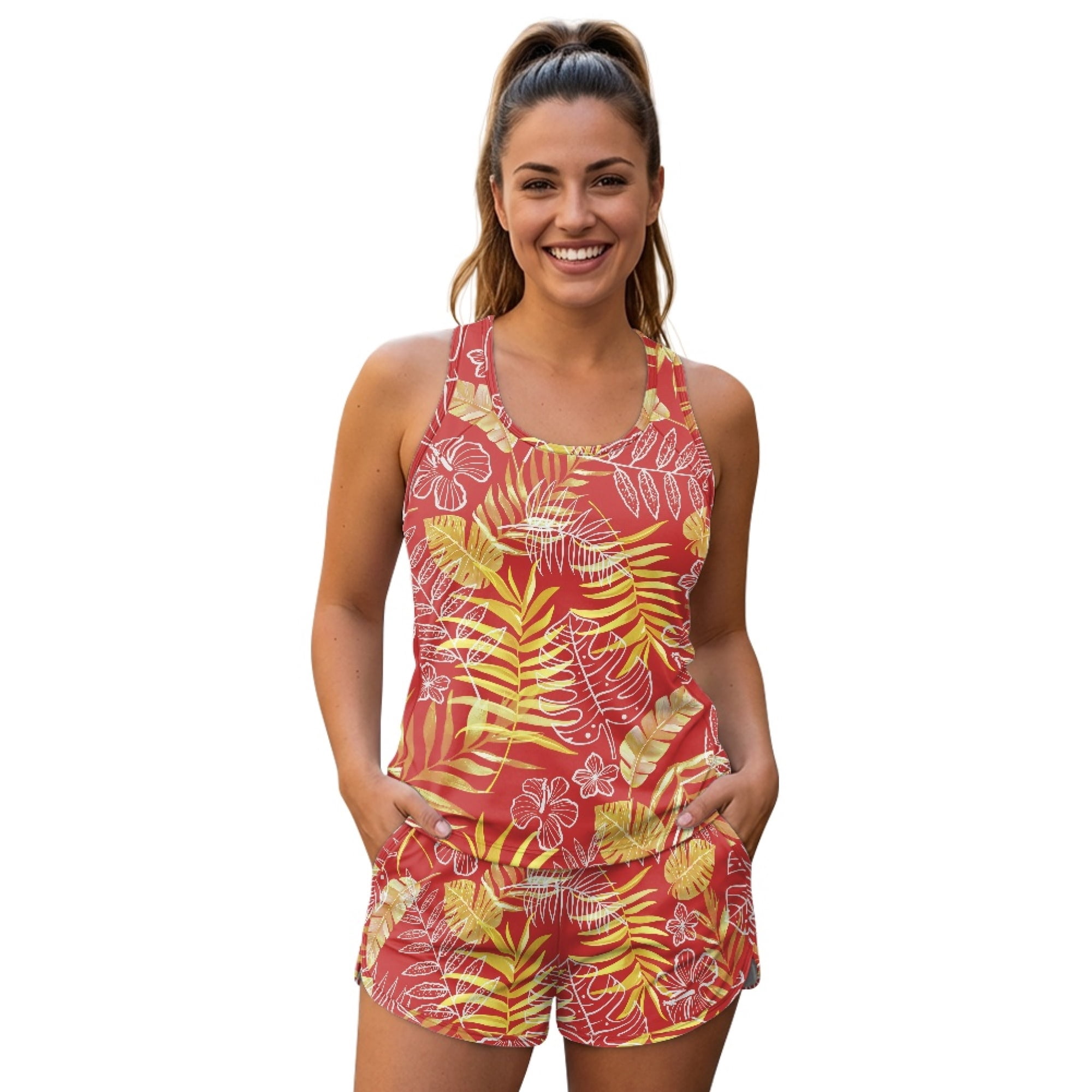 Binienty Gold Leaf Pattern Women's Tankini Shorts Set, Polyester ...