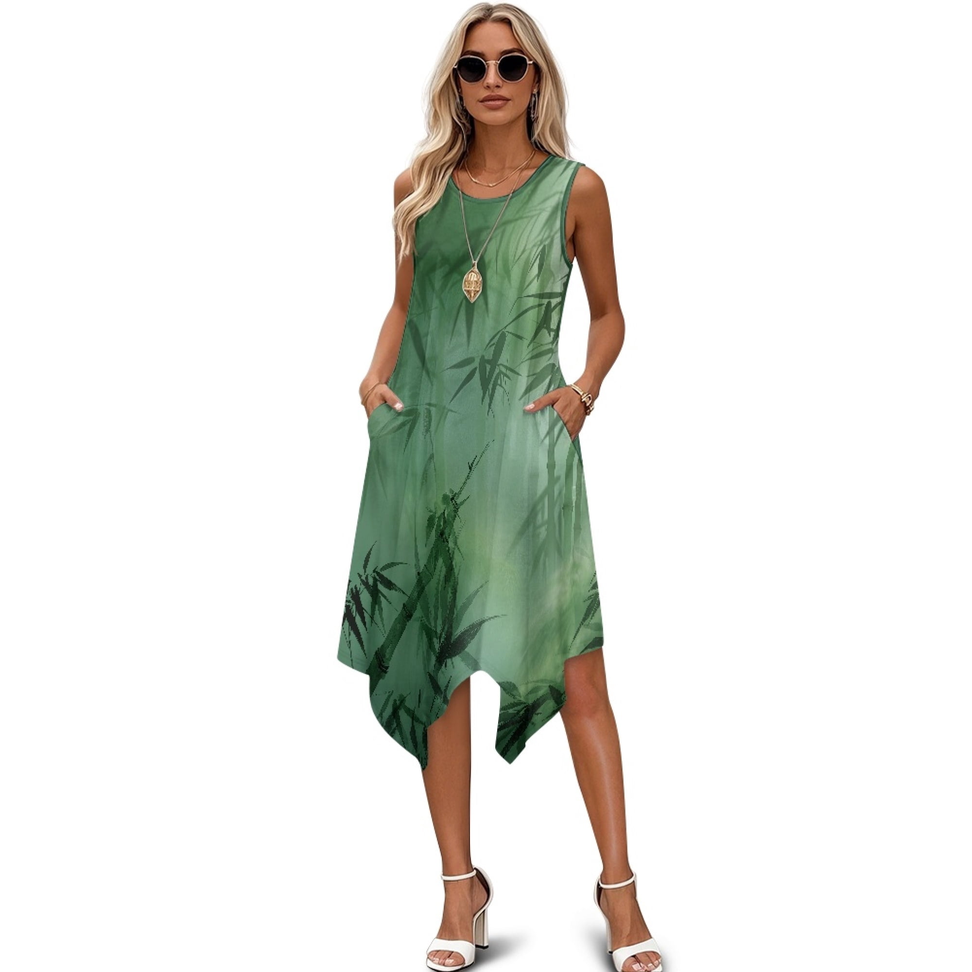 Binienty Green Bamboo Scene Summer Sleeveless Dress, Side Pockets ...
