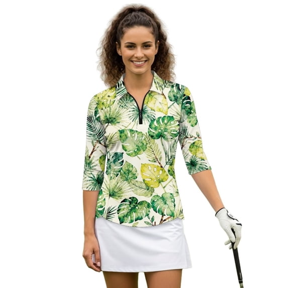 Binienty Green Leaf Golf Shirts for Women Short Sleeve Golf Cloth Soft ...
