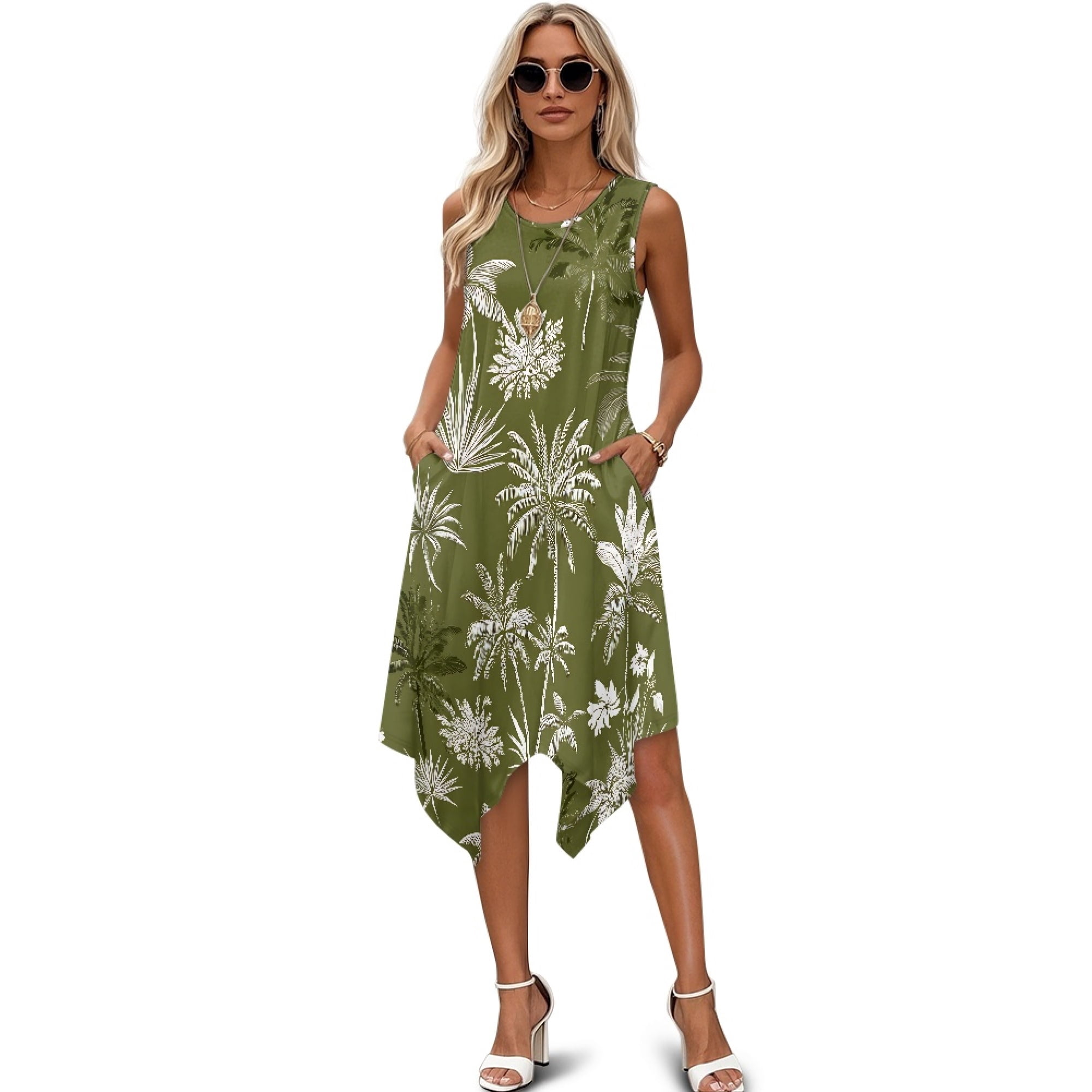 Binienty Green White Palm Beach Long Dresses, Side Pockets Sleeveless ...