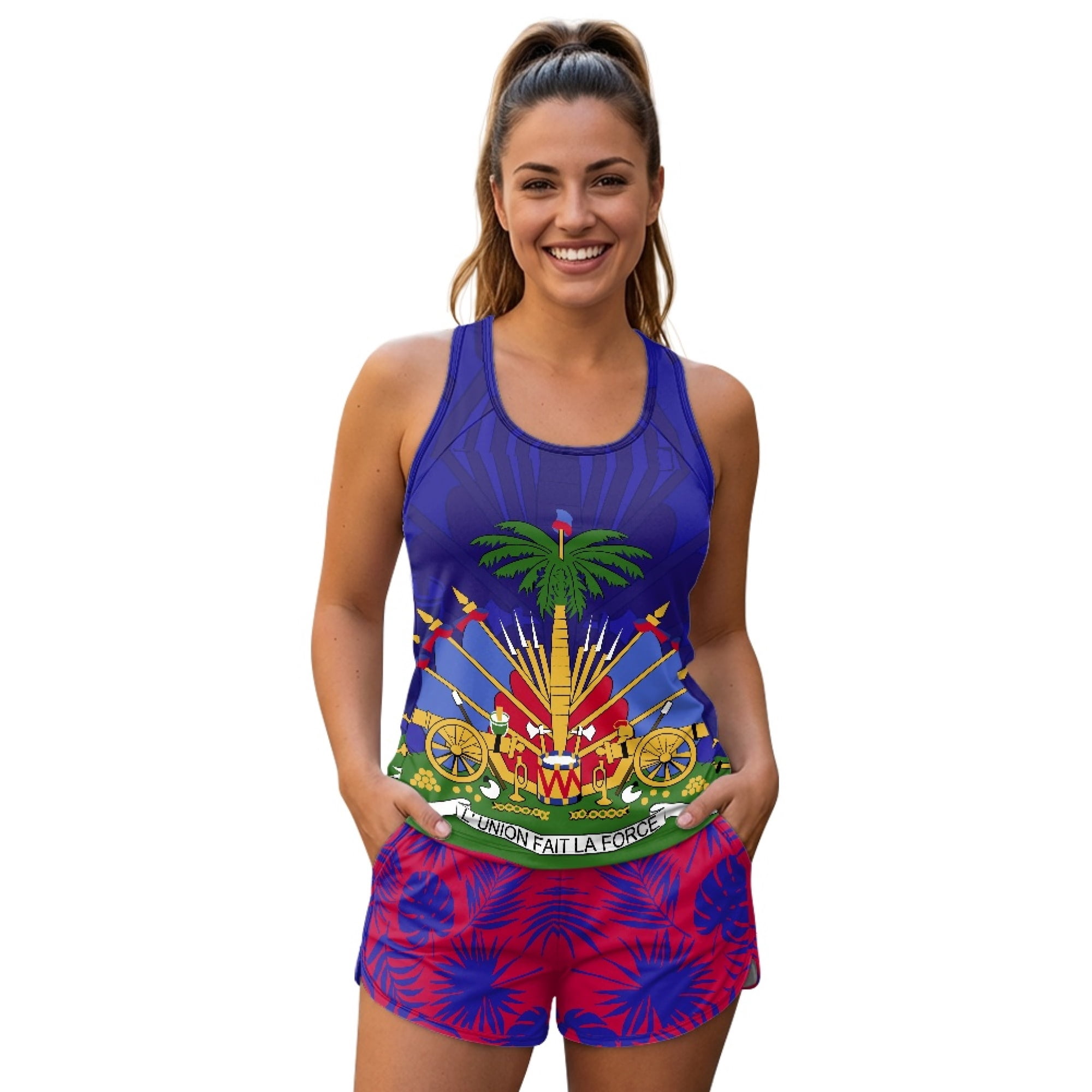 Binienty Haiti Flag Pattern Women's Tankini Shorts Set, Removable Chest ...