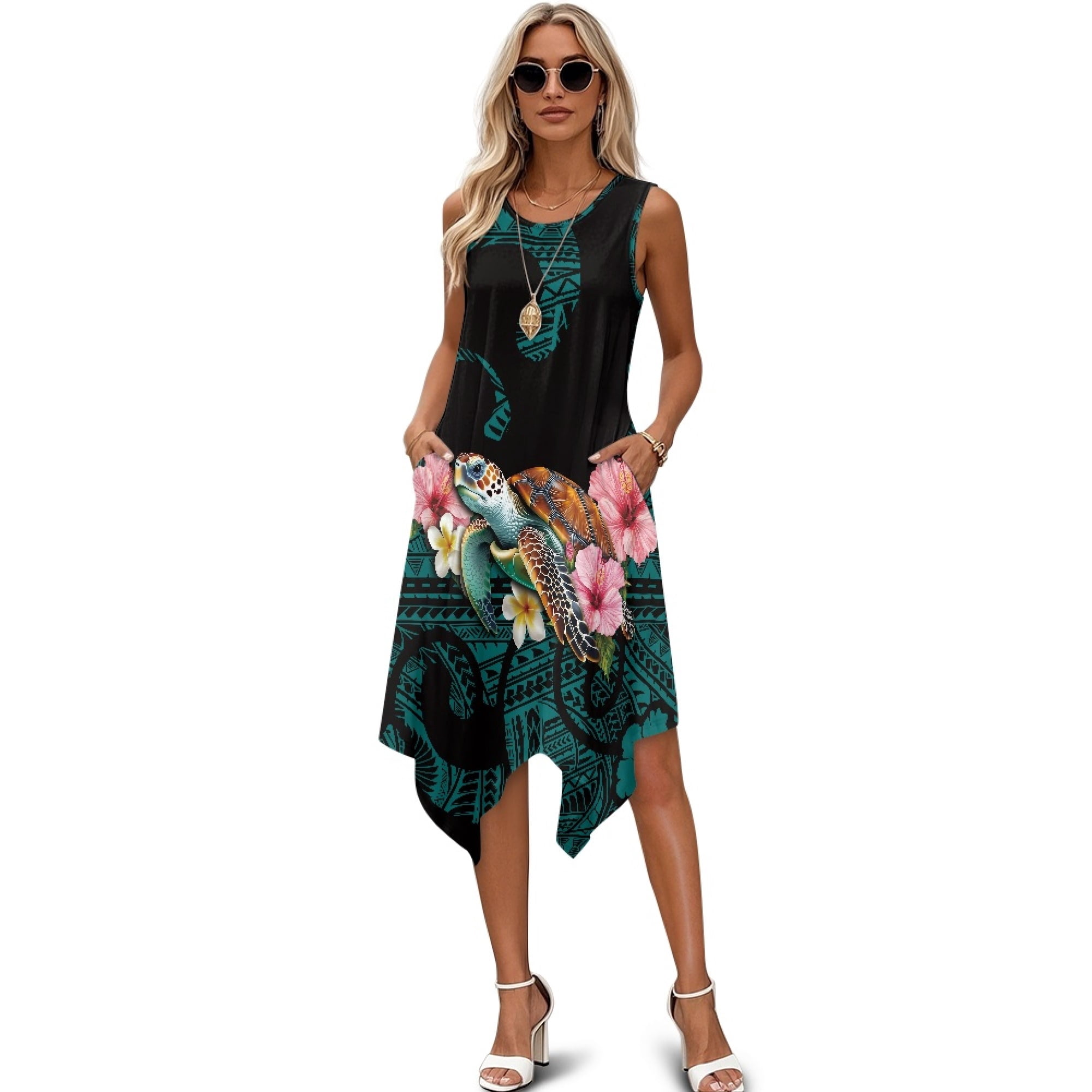 Binienty Hawaiian Sea Turtle with Hibiscus & Plumeria Floral, Geometric ...