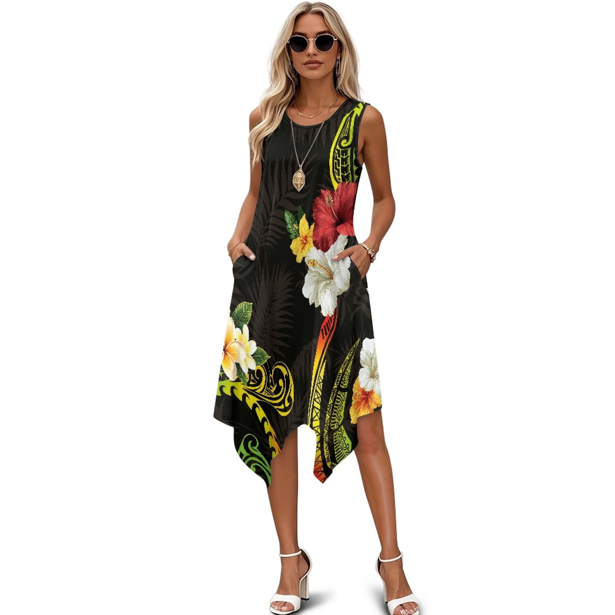 Binienty Hibiscus Floral Print Sleeveless Sundress, Side Pockets ...