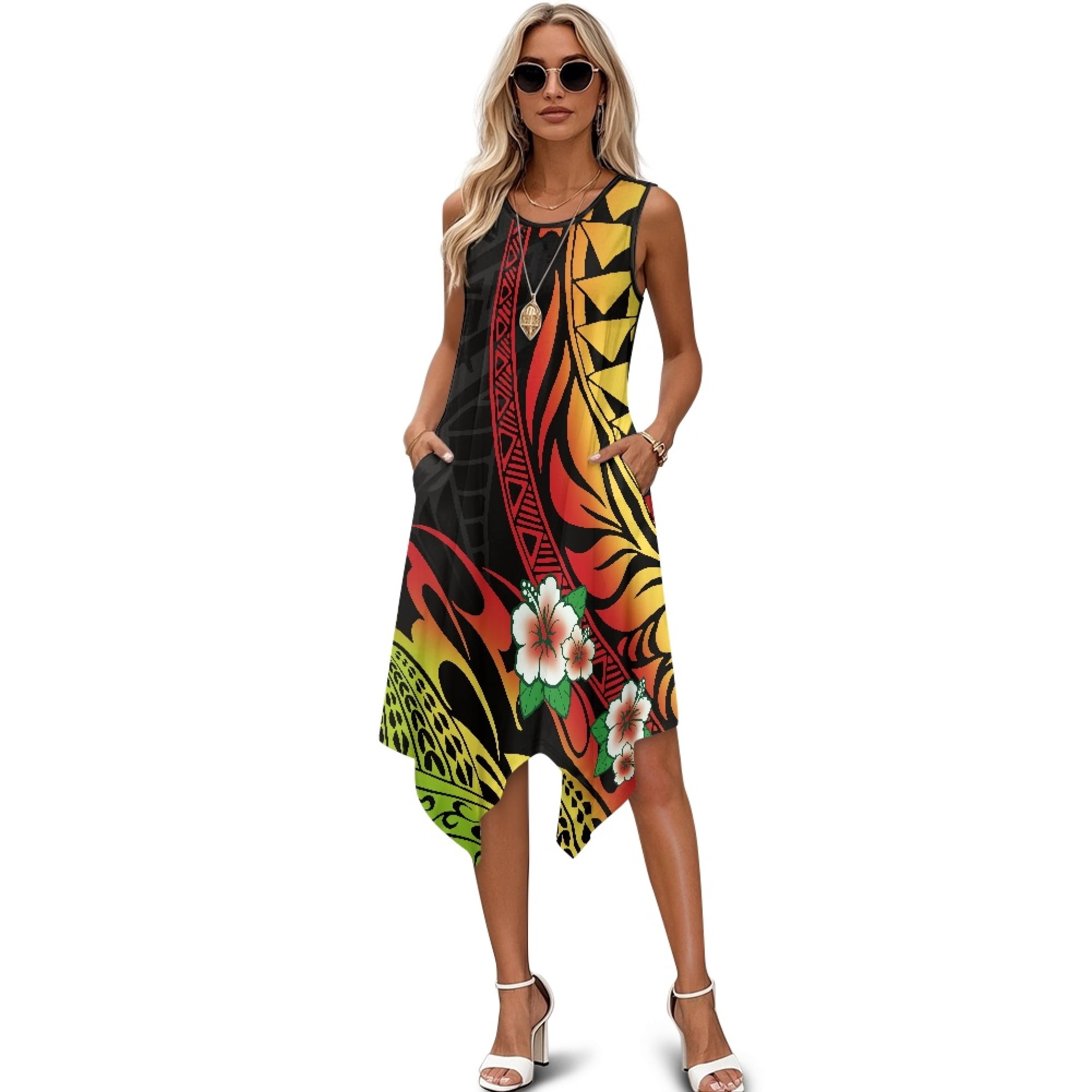 Binienty Hibiscus Flower Pattern Asymmetric Hem Midi Dress, Side ...