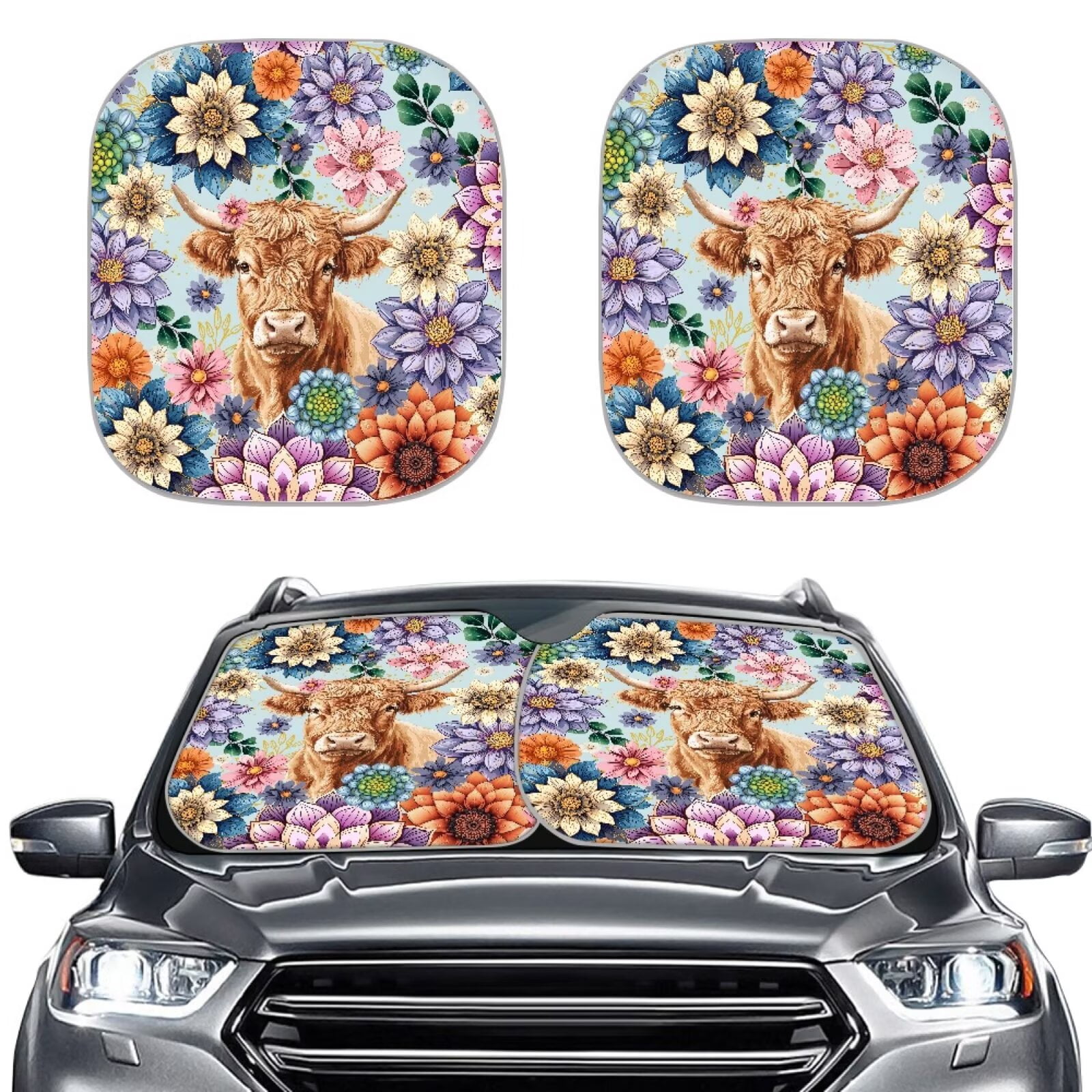 Binienty Highland Cow Auto Sun Shade Windshield 2 Piece Boho Mandala ...