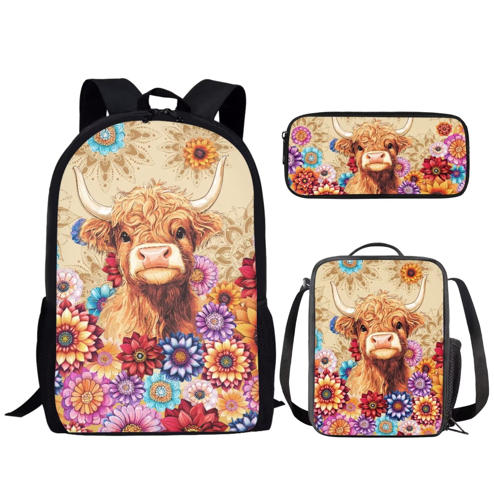 Binienty Highland Cow Print Backpack for Girls 10-12 Floral 3 Piece ...