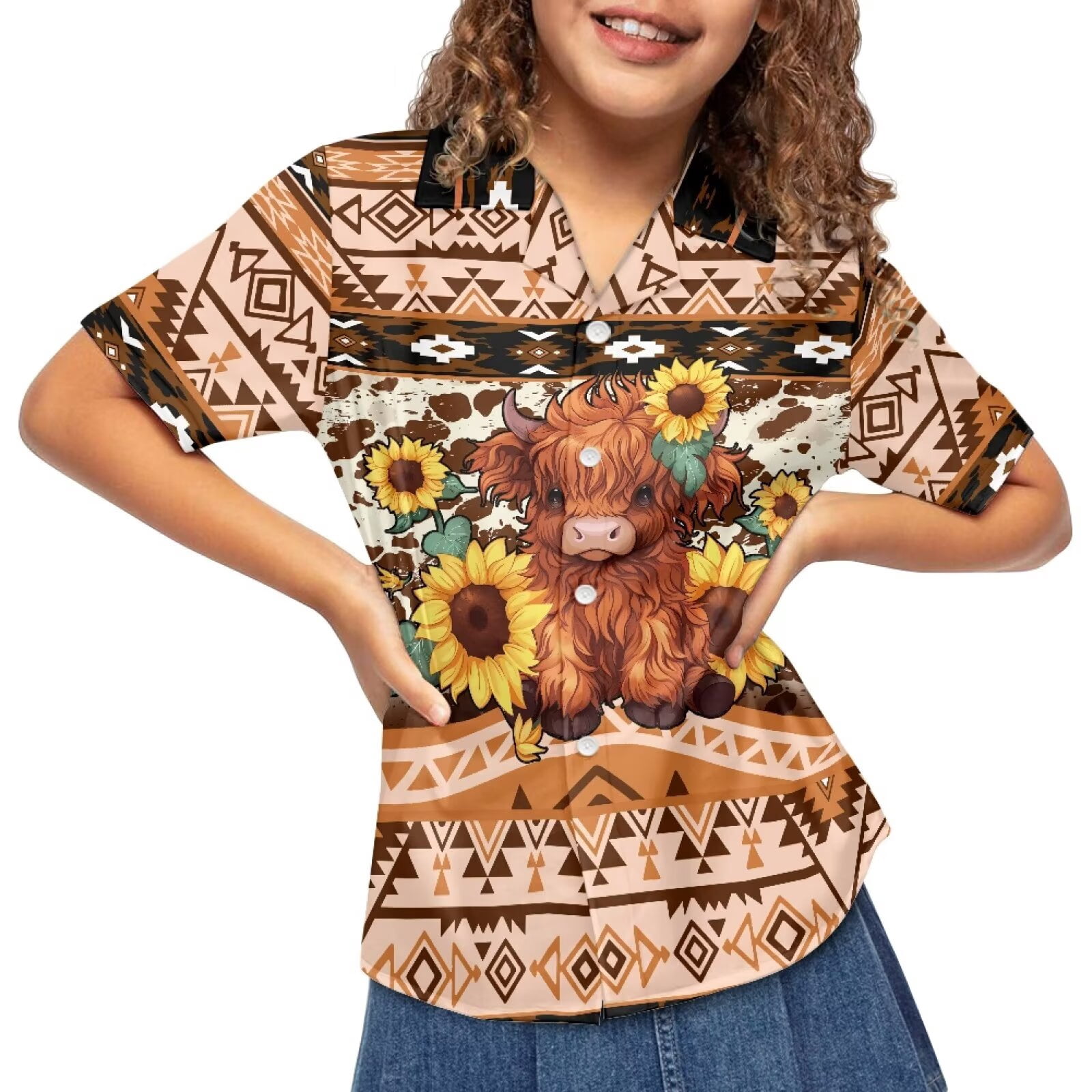Binienty Highland Cow Print Girls Beach Shirts Aztec Sunflower ...