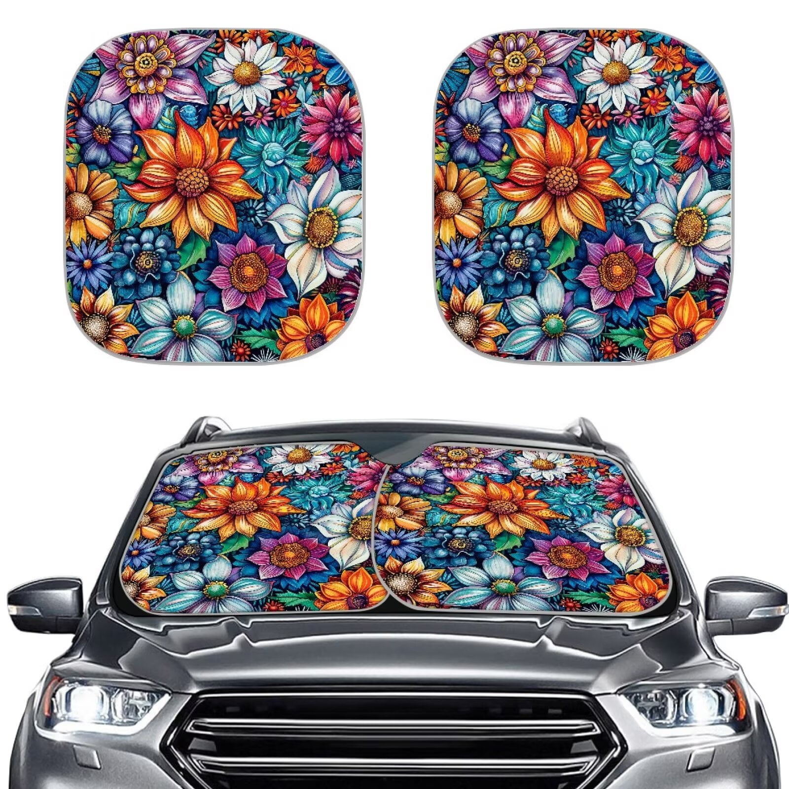 Binienty Hippie Flower Car Sun Shade for Windshield 2 PCS Auto Sun ...