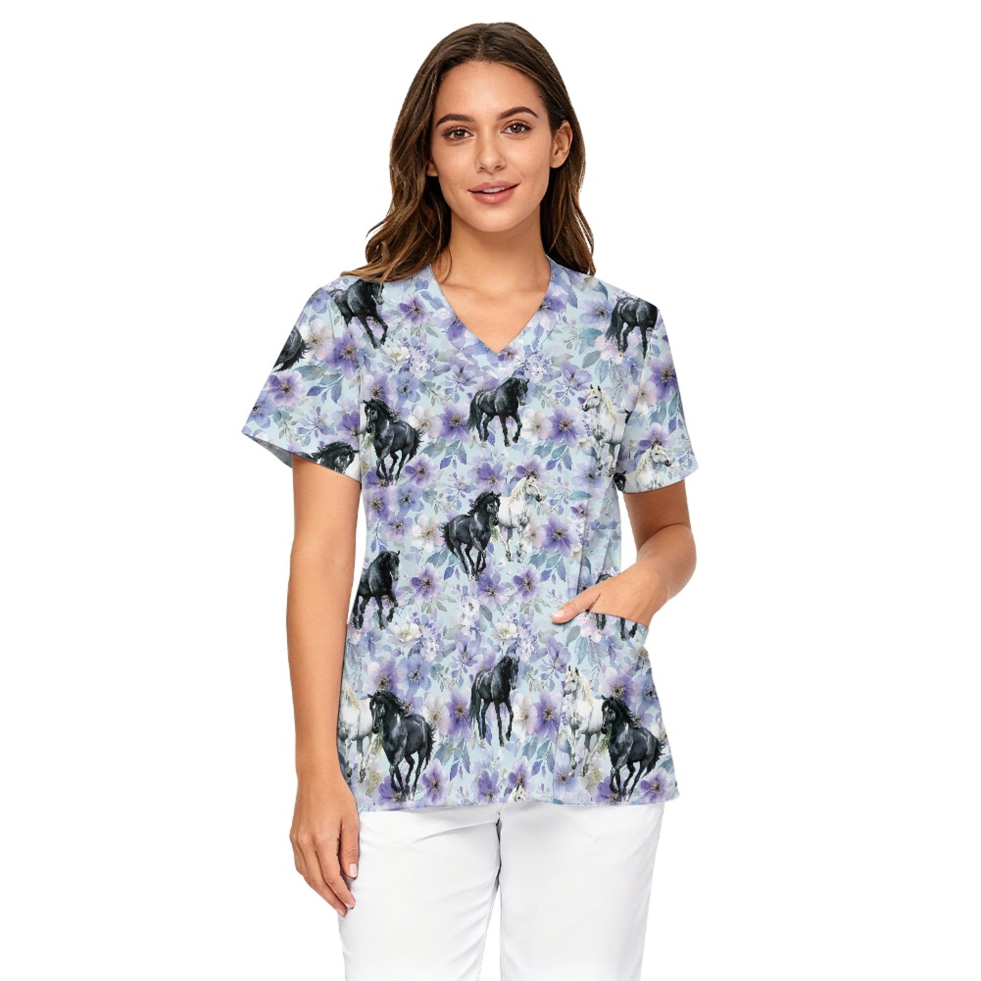 Binienty Horse Floral Scrub Tops Short Sleeve Breathable, Nurse ...