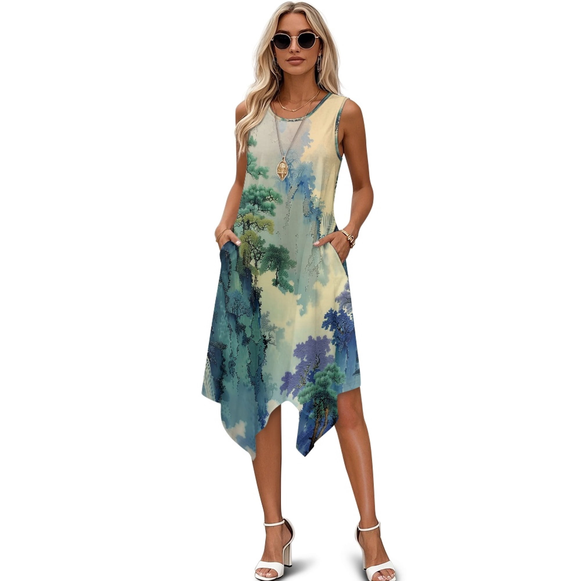 Binienty Ink Landscape Painting Ladies Sleeveless Round Neck Irregular ...