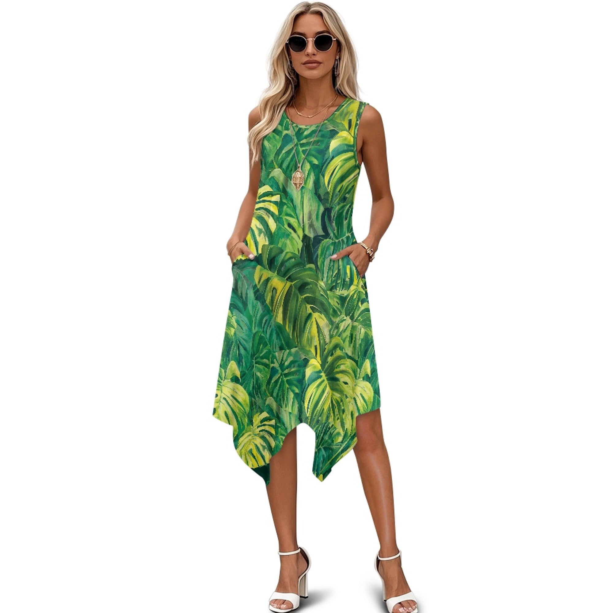 Binienty Irregular Hem Sleeveless Sundress, Tropical Leaf Jungle Summer ...