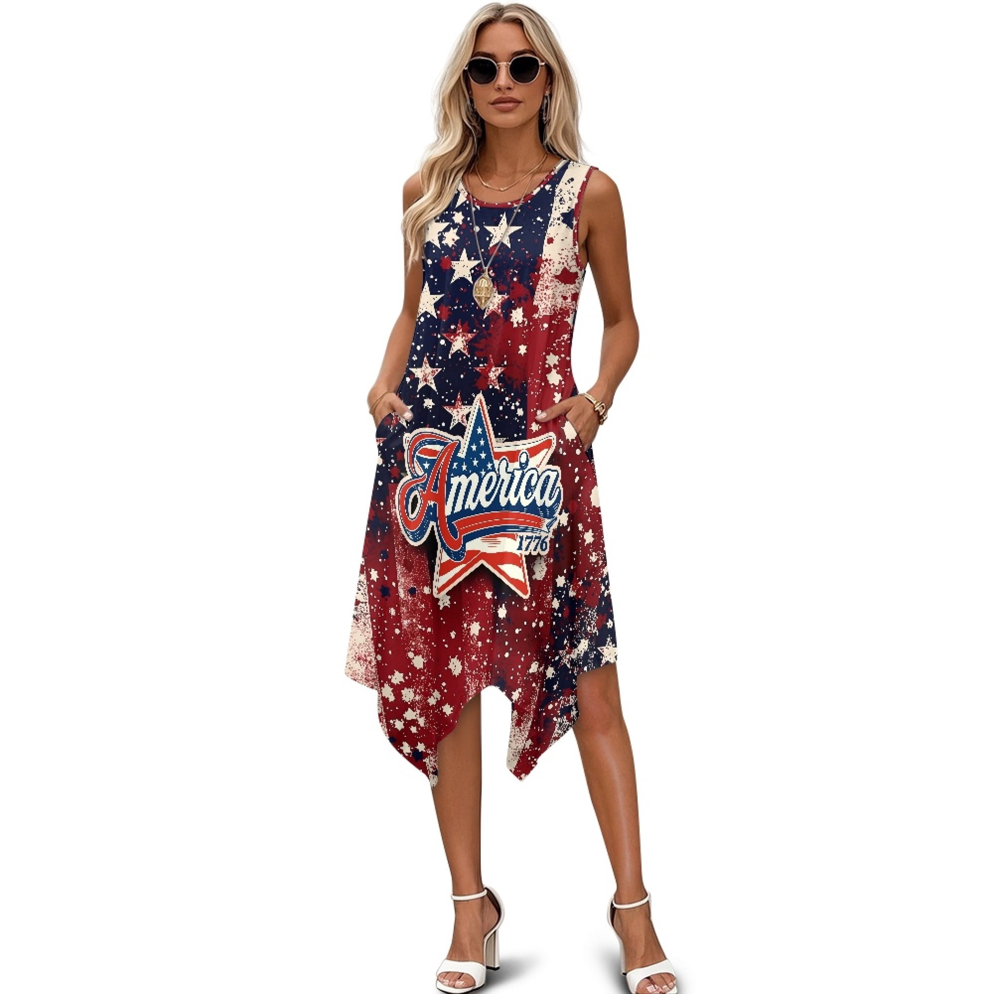 Binienty Irregular Hem Sundress, American Patriotic Pattern Side ...