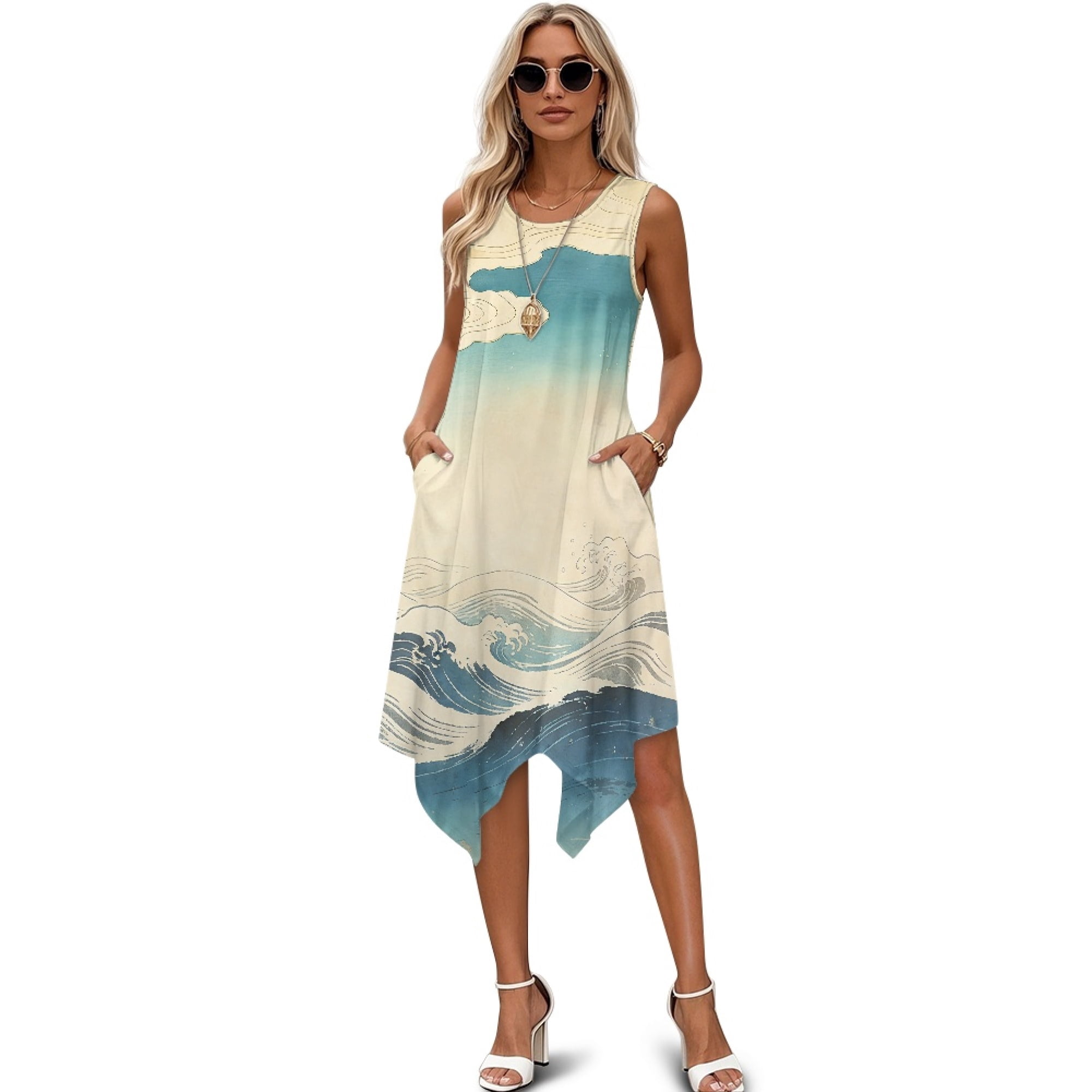 Binienty Japanese Wave Women's Midi Dress with Side Pockets, Sleeveless ...