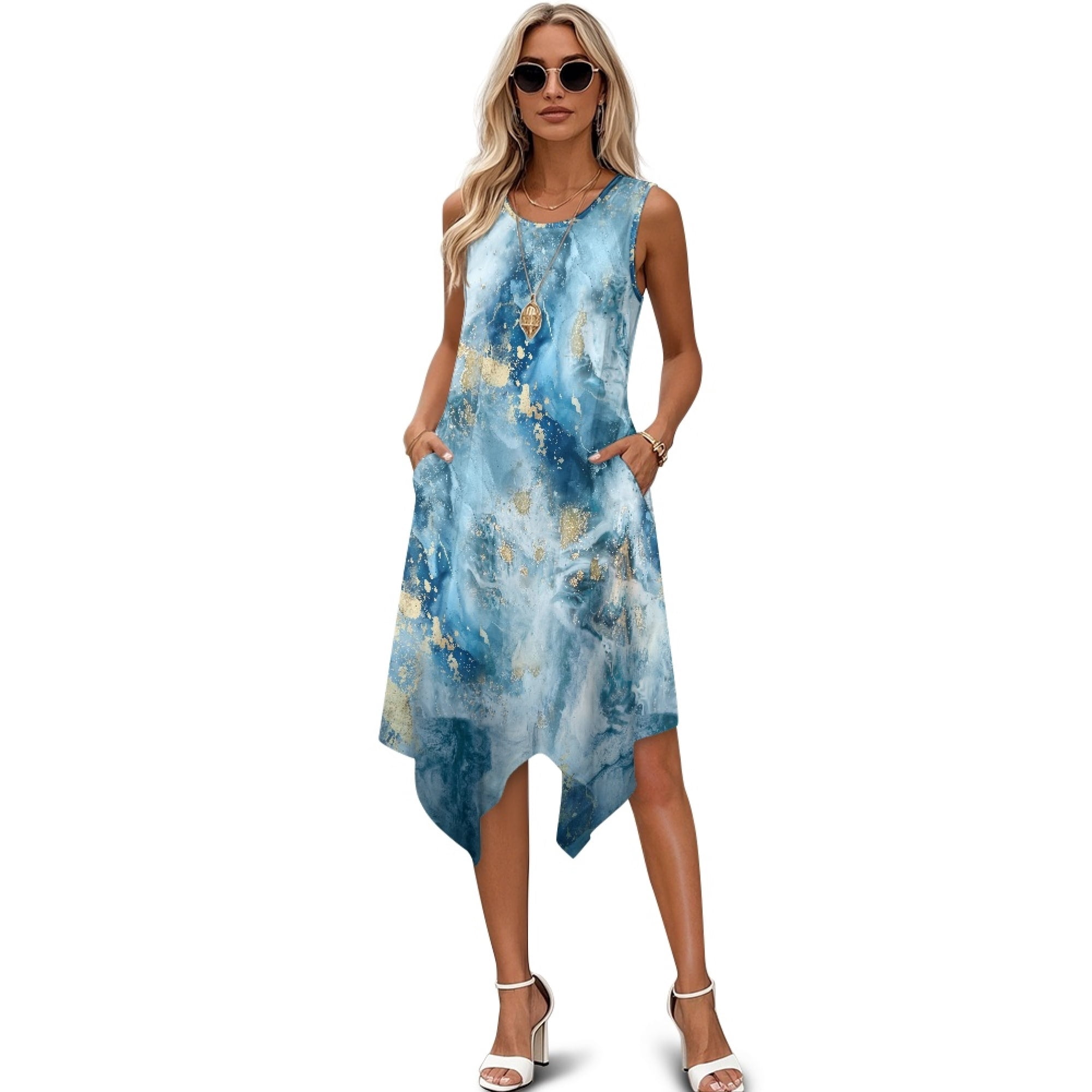 Binienty Ladies Irregular Hem Casual Dress, Blue Gold Ink Asymmetric ...