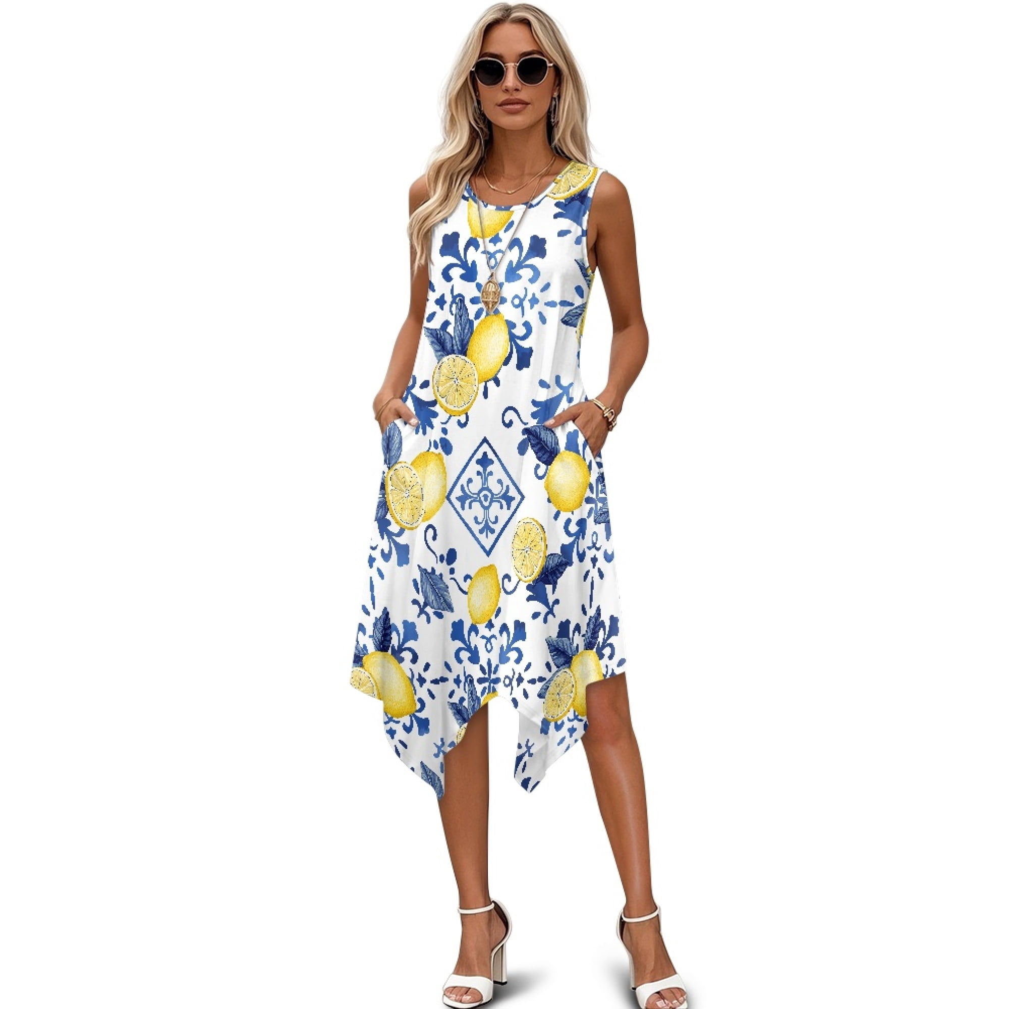 Binienty Ladies Irregular Hem Casual Dress, Blue Lemon Pattern ...