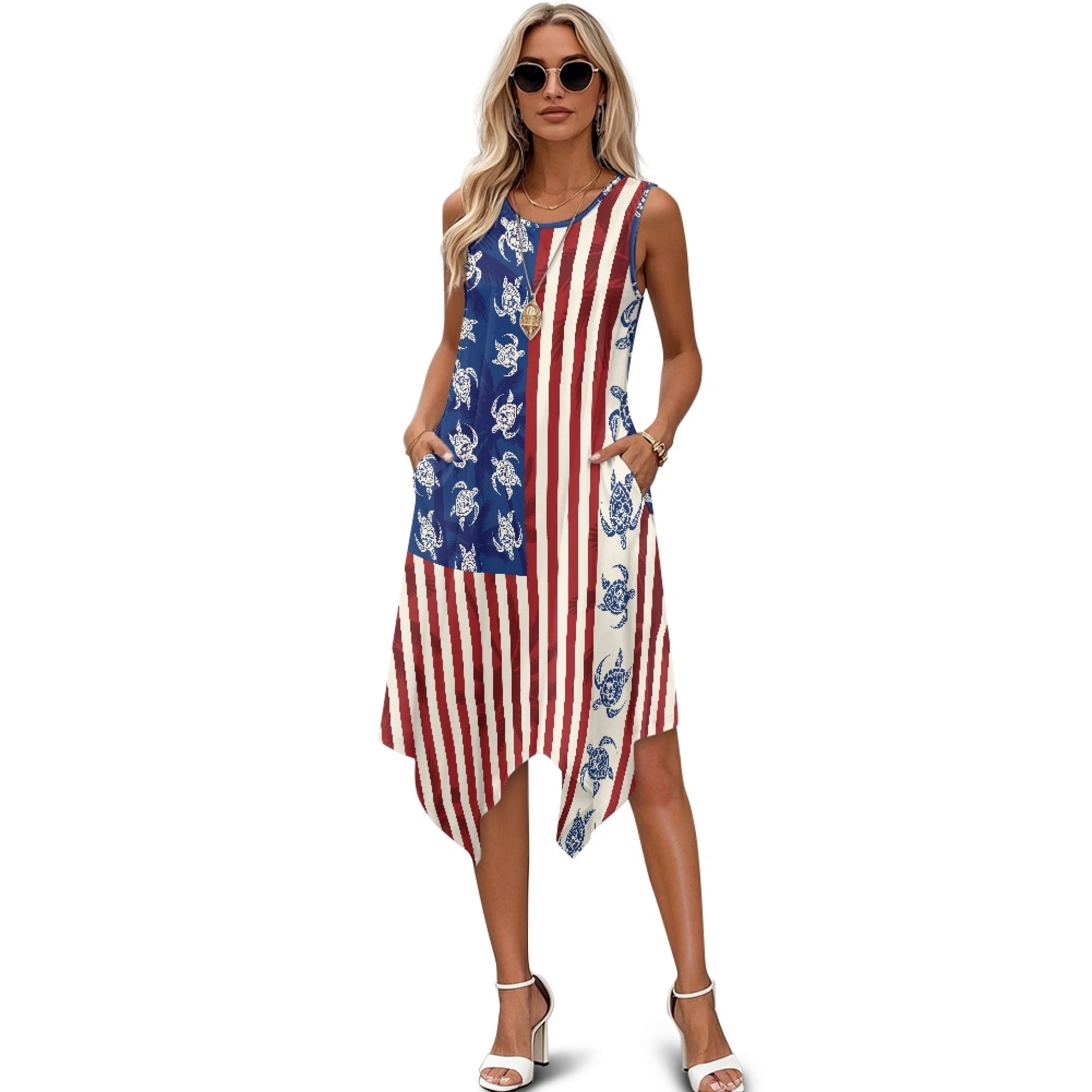 Binienty Ladies Irregular Hem Casual Dress, Flag Turtle Print ...