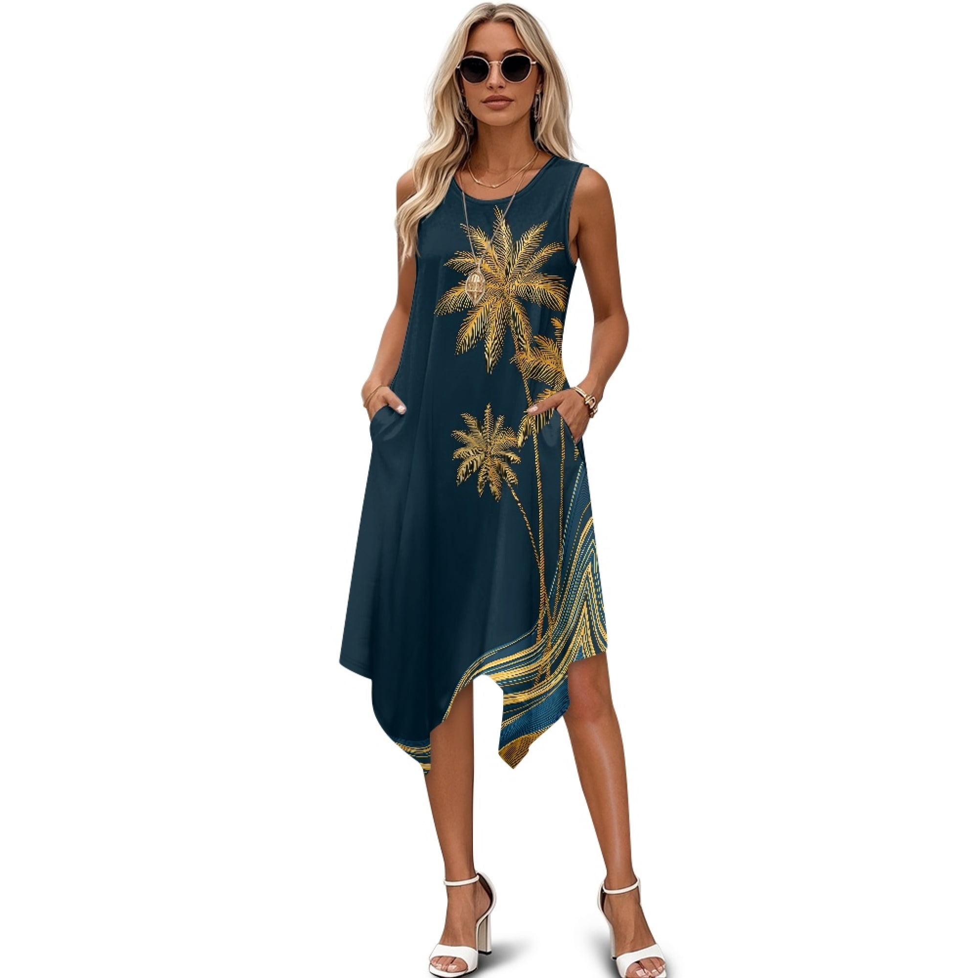 Binienty Ladies Irregular Hem Casual Dress, Golden Palm Tree Asymmetric ...