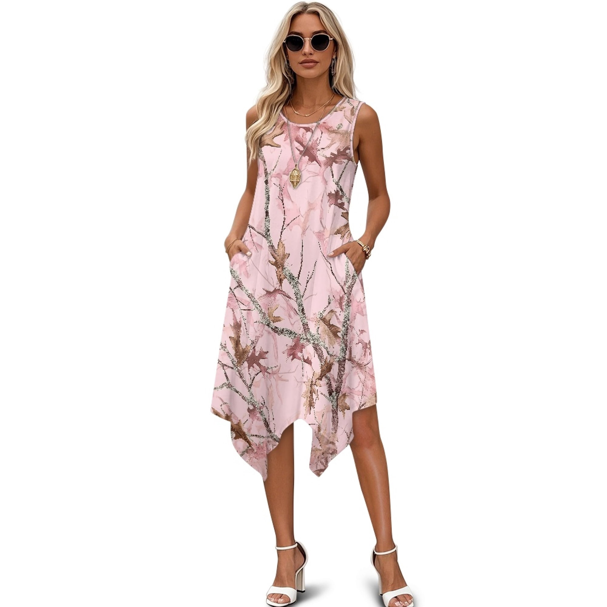 Binienty Ladies Irregular Hem Casual Dress, Pink Leaf Camo Asymmetric ...