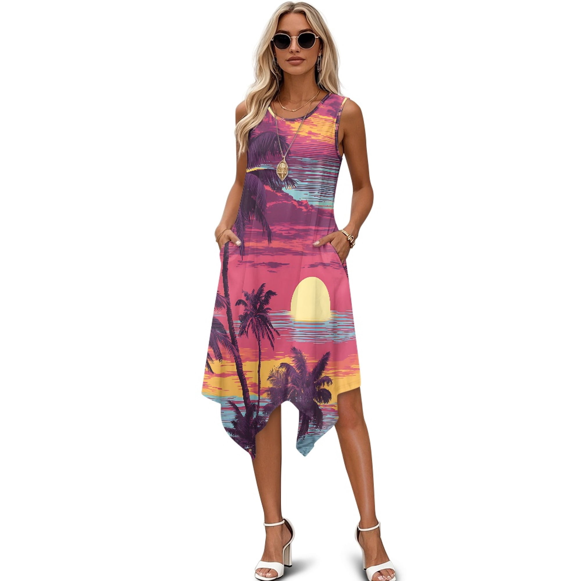 Binienty Ladies Irregular Hem Casual Dress, Retro Sunset Palm Tree ...