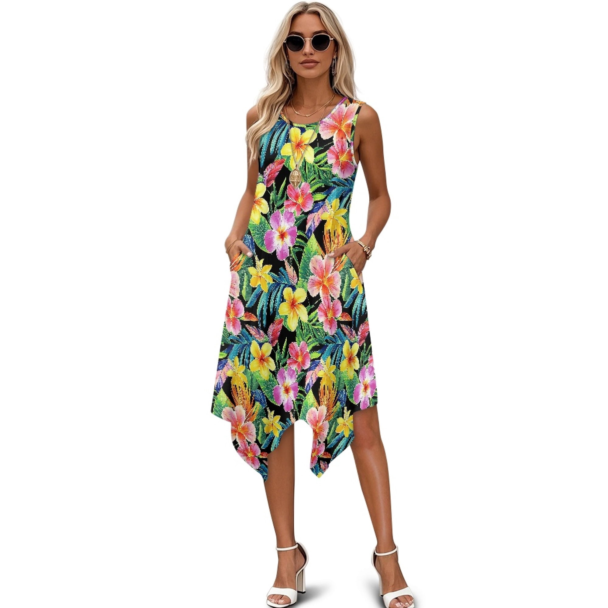 Binienty Ladies Irregular Hem Casual Dress, Tropical Floral Asymmetric ...