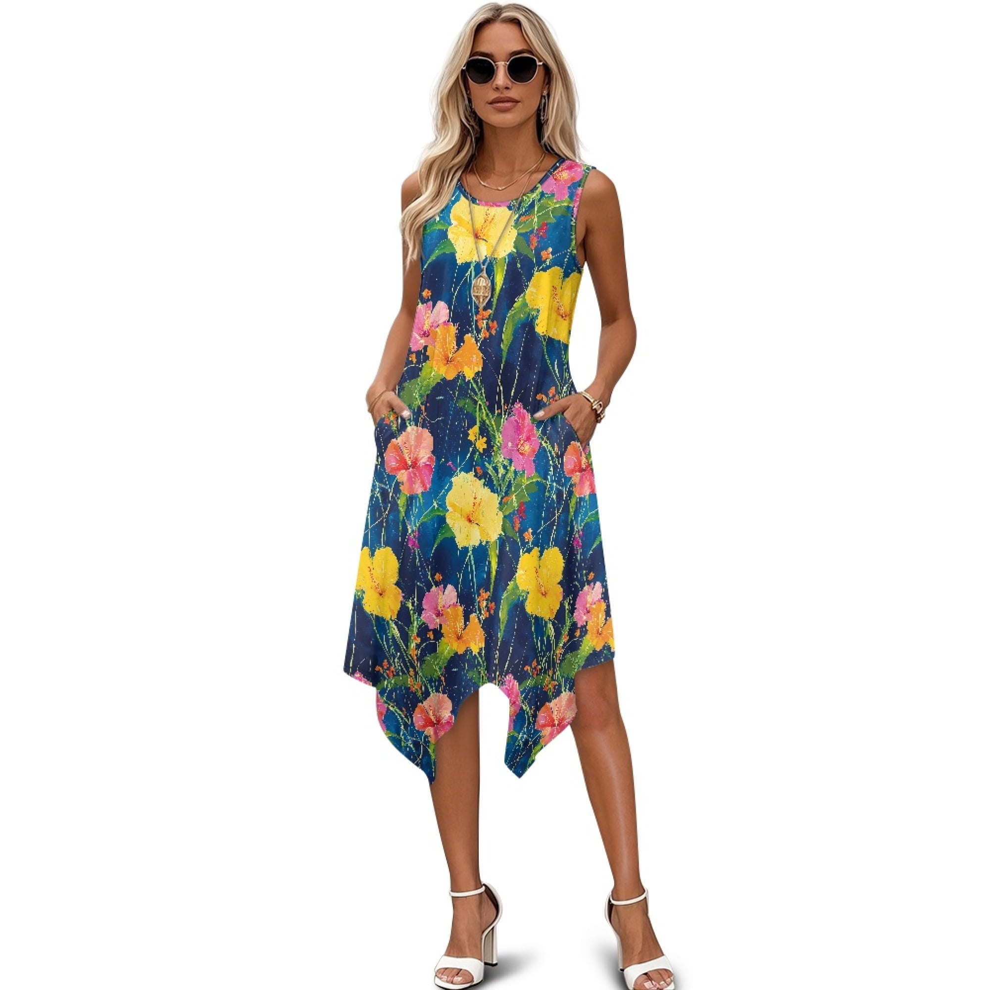Binienty Ladies Irregular Hem Casual Dress, Watercolor Floral Print ...