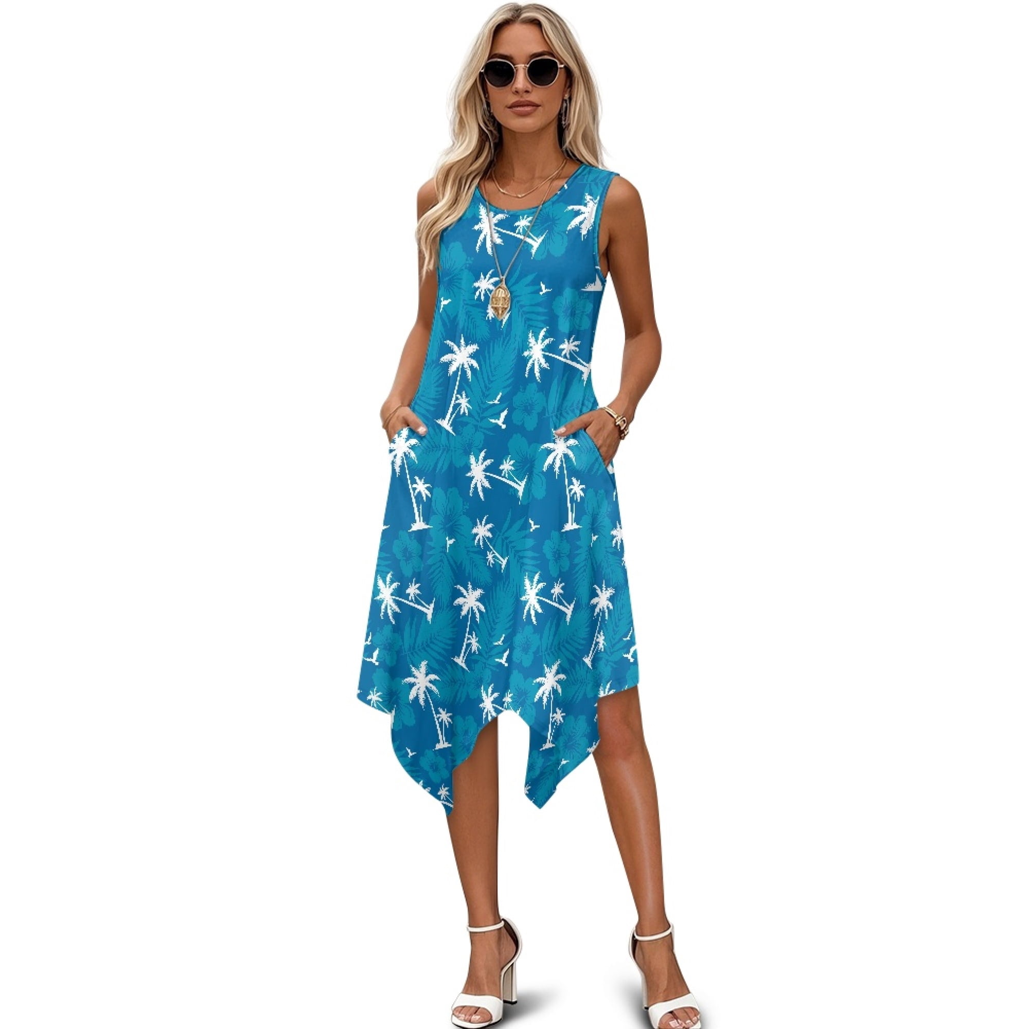 Binienty Ladies Irregular Hem Casual Dress, White Palm Tree Print ...