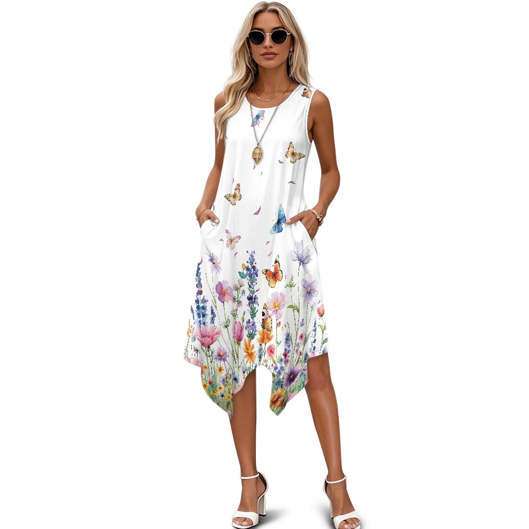 Binienty Ladies Irregular Hem Casual Dress, Wildflower Butterfly ...