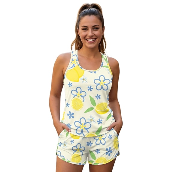 Binienty Lemon Flowers Women's Tank Top and Shorts Swimsuit, Polyester ...
