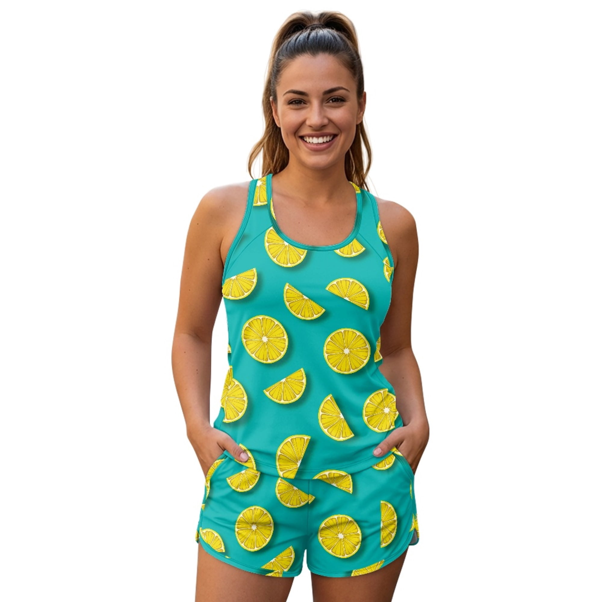 Binienty Lemon Pattern Women's Athletic Tank Top Shorts Set, Removable ...