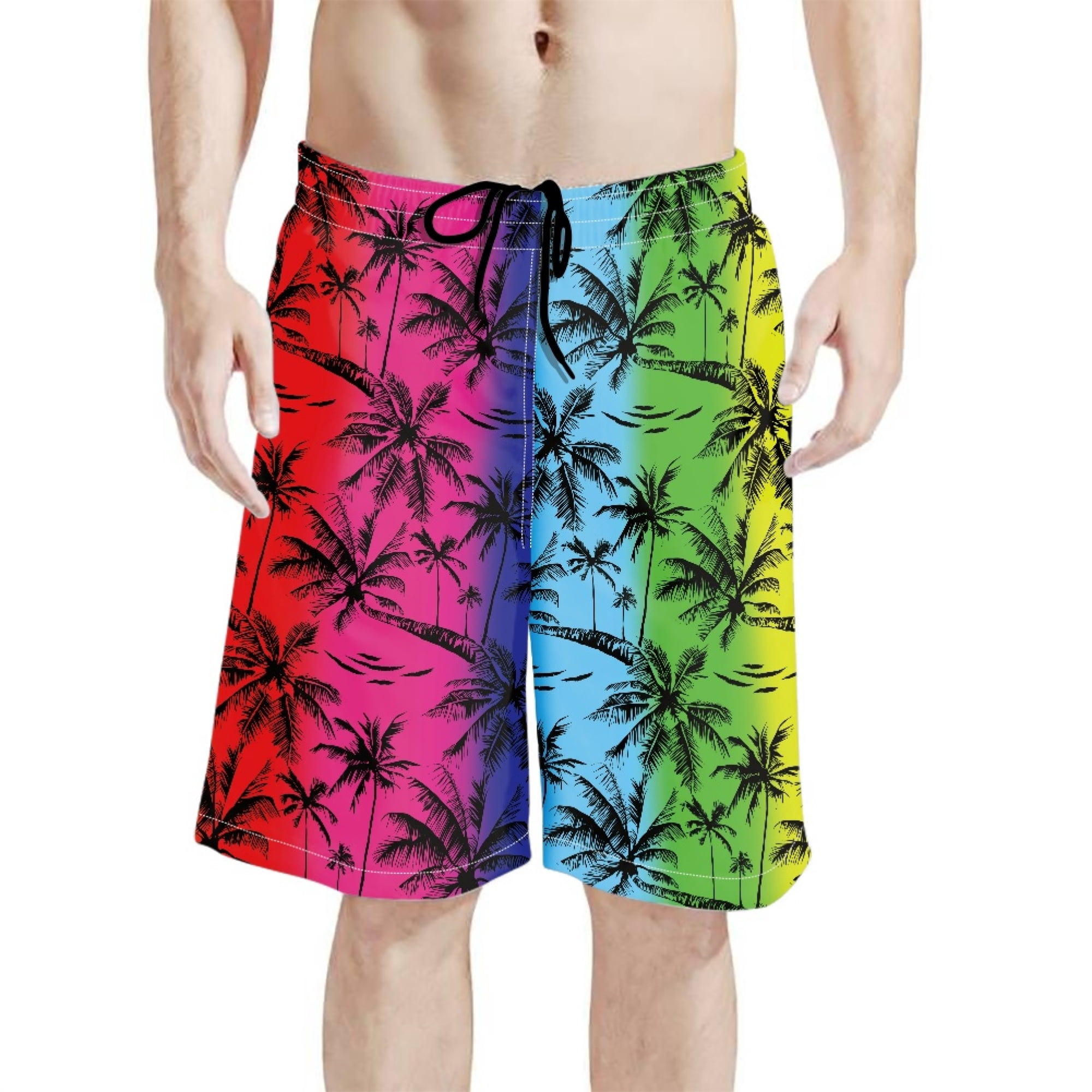 Binienty Lightweight Men's Vacation Shorts, Rainbow Palm Tree Print Men ...