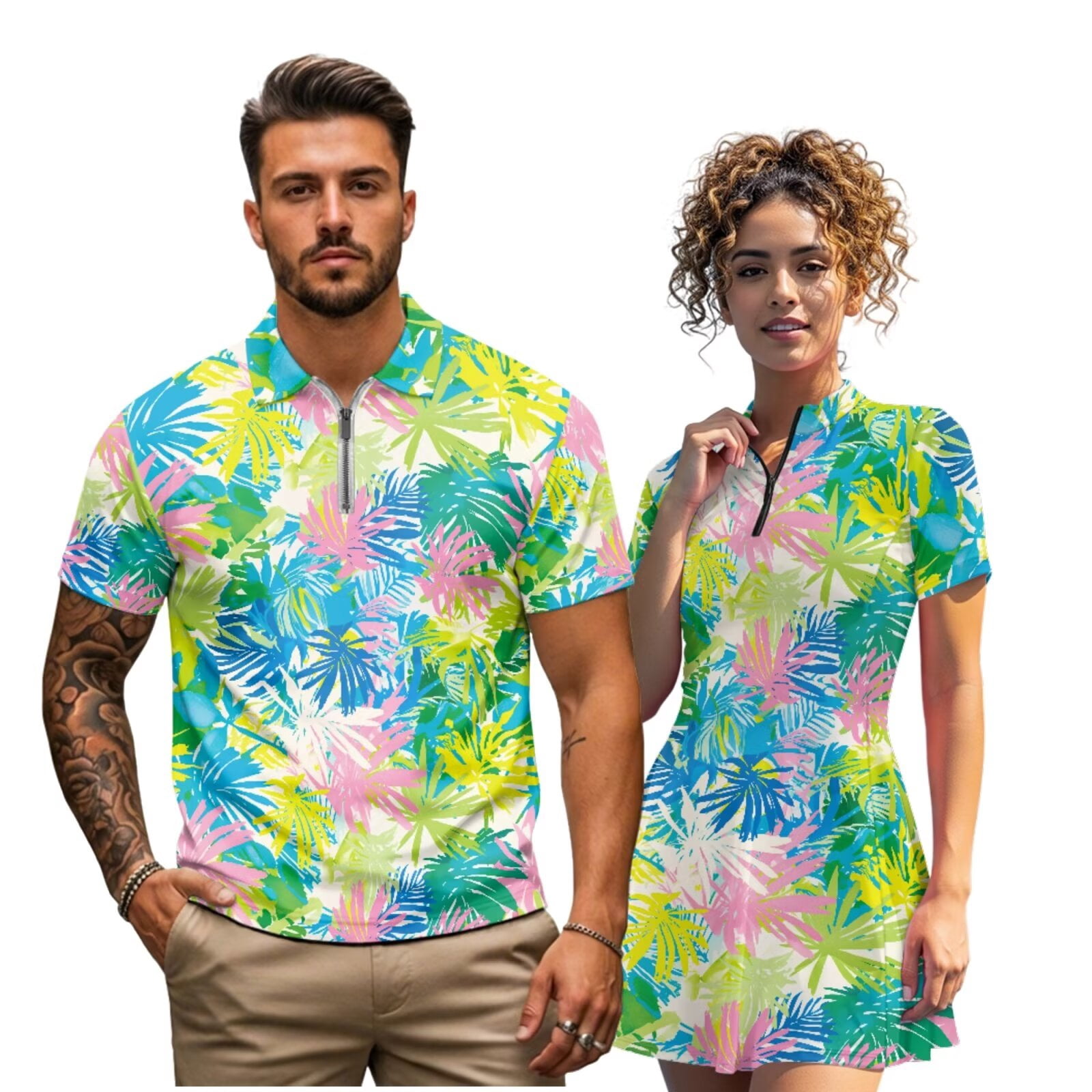 Binienty Macaron Tropical Leaf Couples Matching Golf Outfits Soft ...