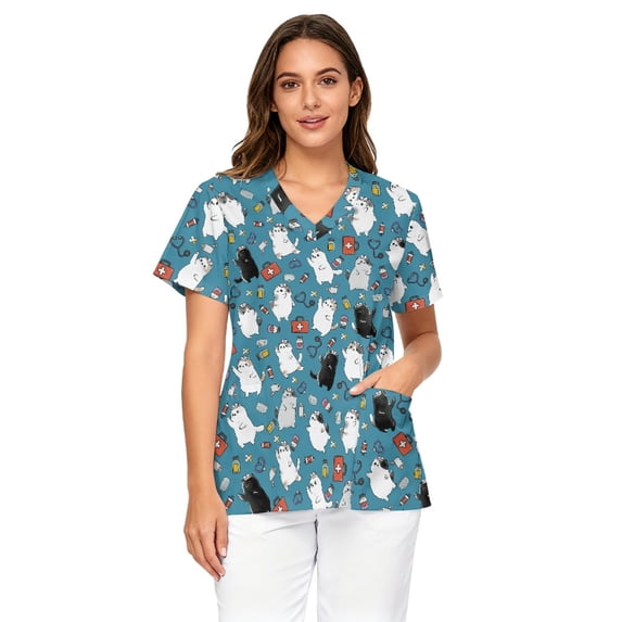 Binienty Medical Cat Pattern Medical Uniform for Women Short Sleeve V ...