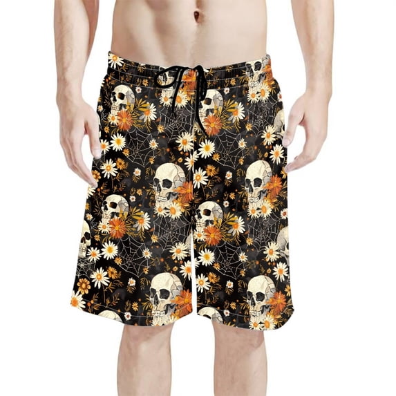 Binienty Men's Board Shorts Beach Shorts With Skull Floral Pattern ...