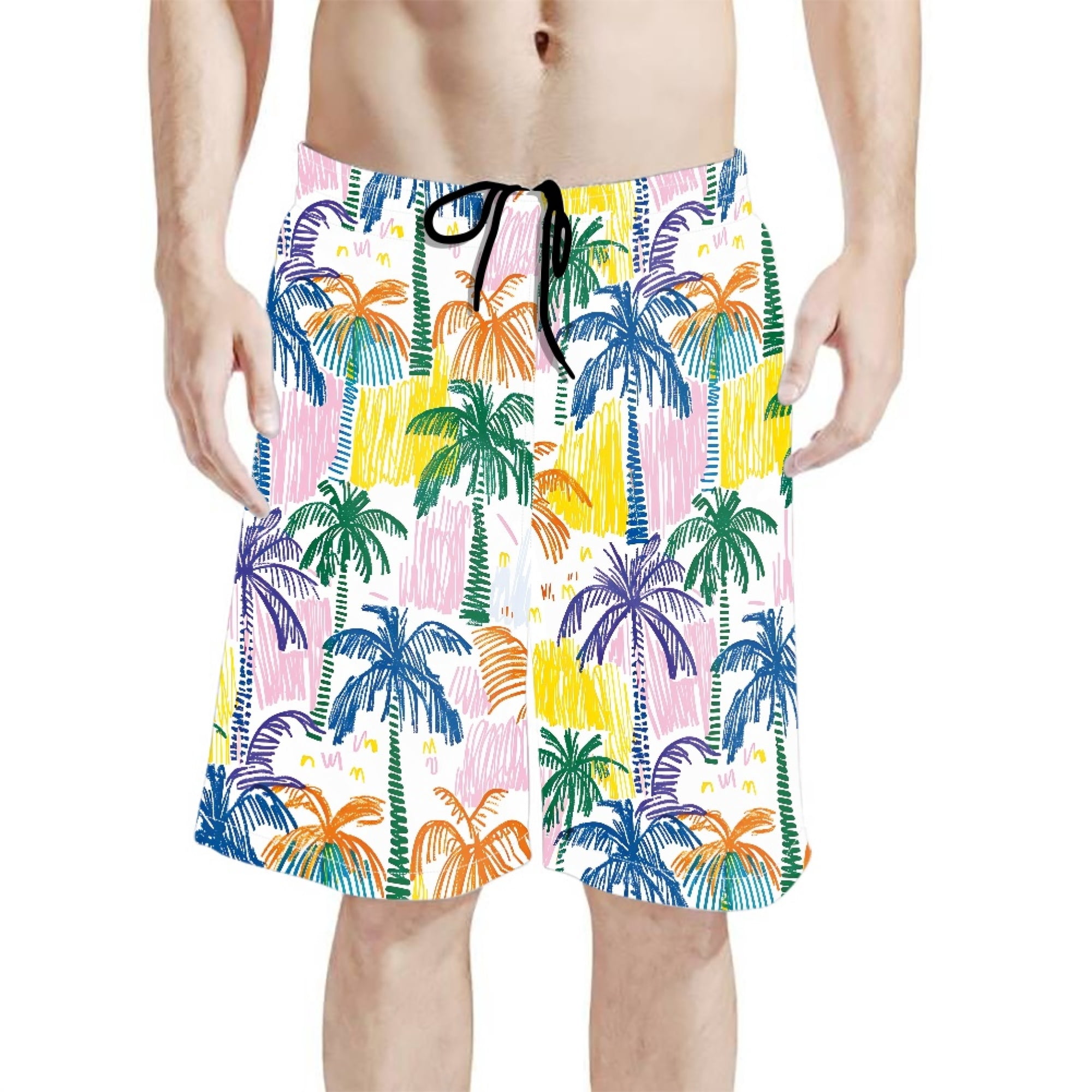 Binienty Men's Board Shorts Beach Swim Trunks With Hand Drawn Palm Tree ...