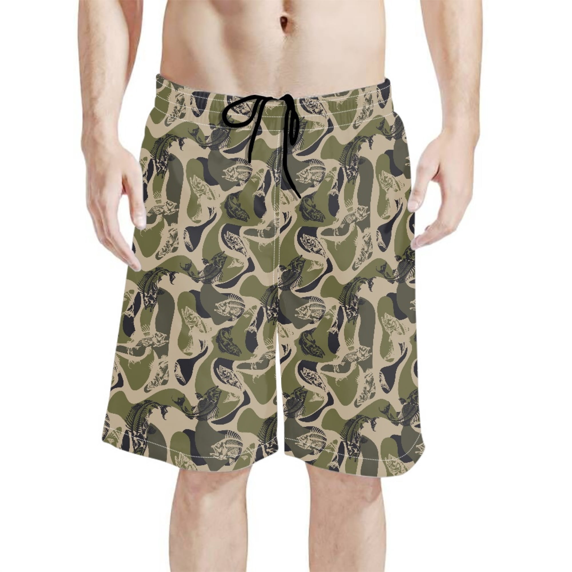 Binienty Men's Board Shorts, Green Fish Camo Print Quick Drying Men's ...