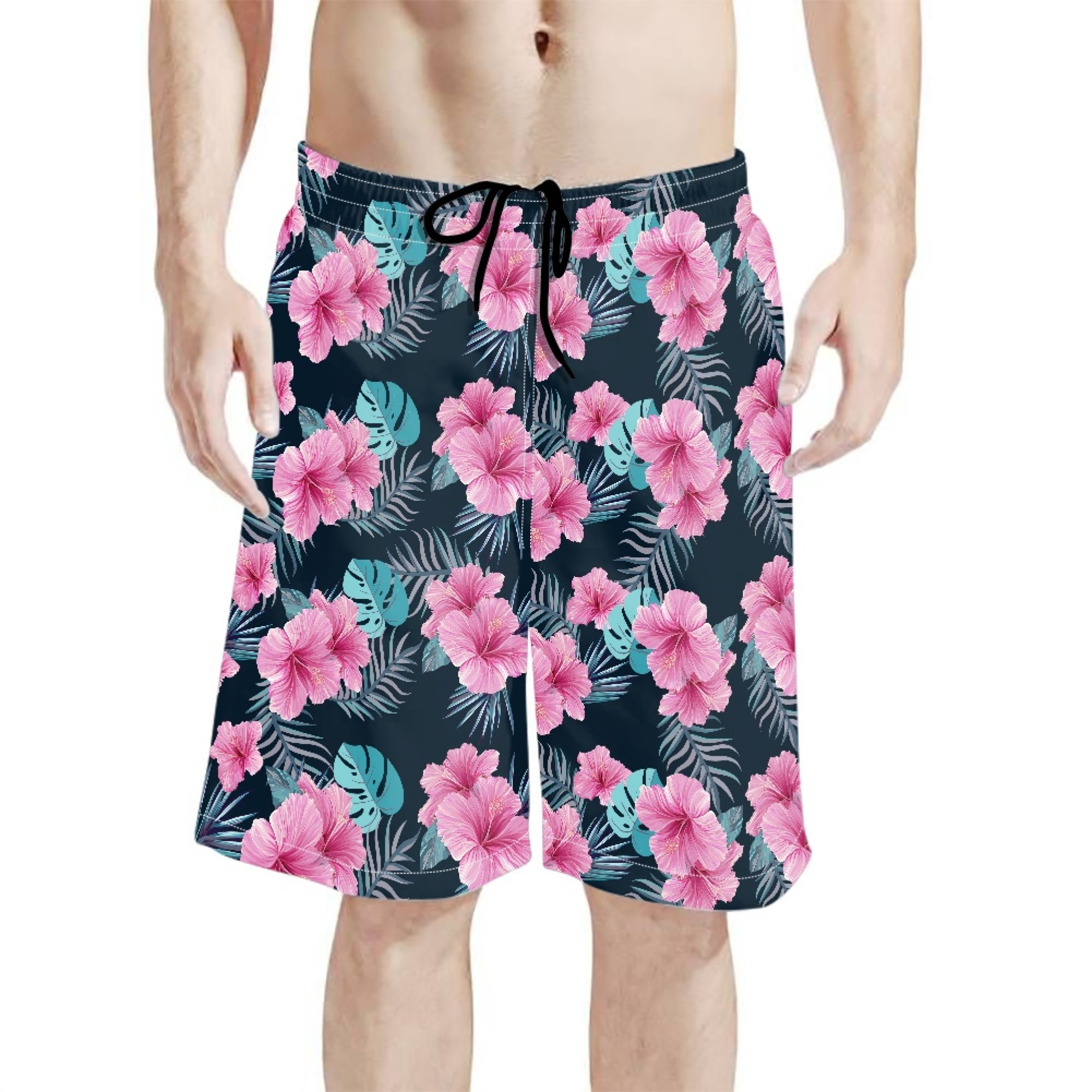 Binienty Men's Board Shorts Swim Trunks With Pink Hibiscus Pattern ...