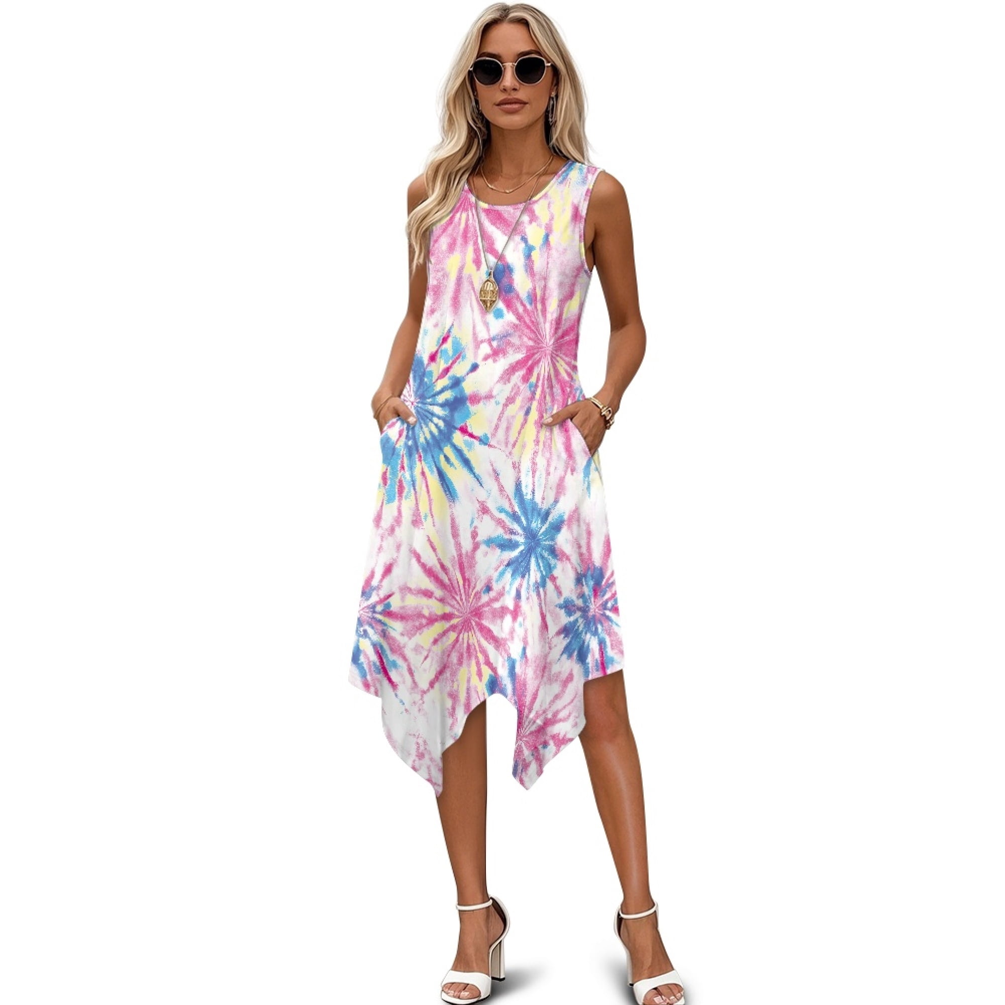 Binienty Midi Dress with Tie Dye Starburst Pattern, Sleeveless Pleated ...