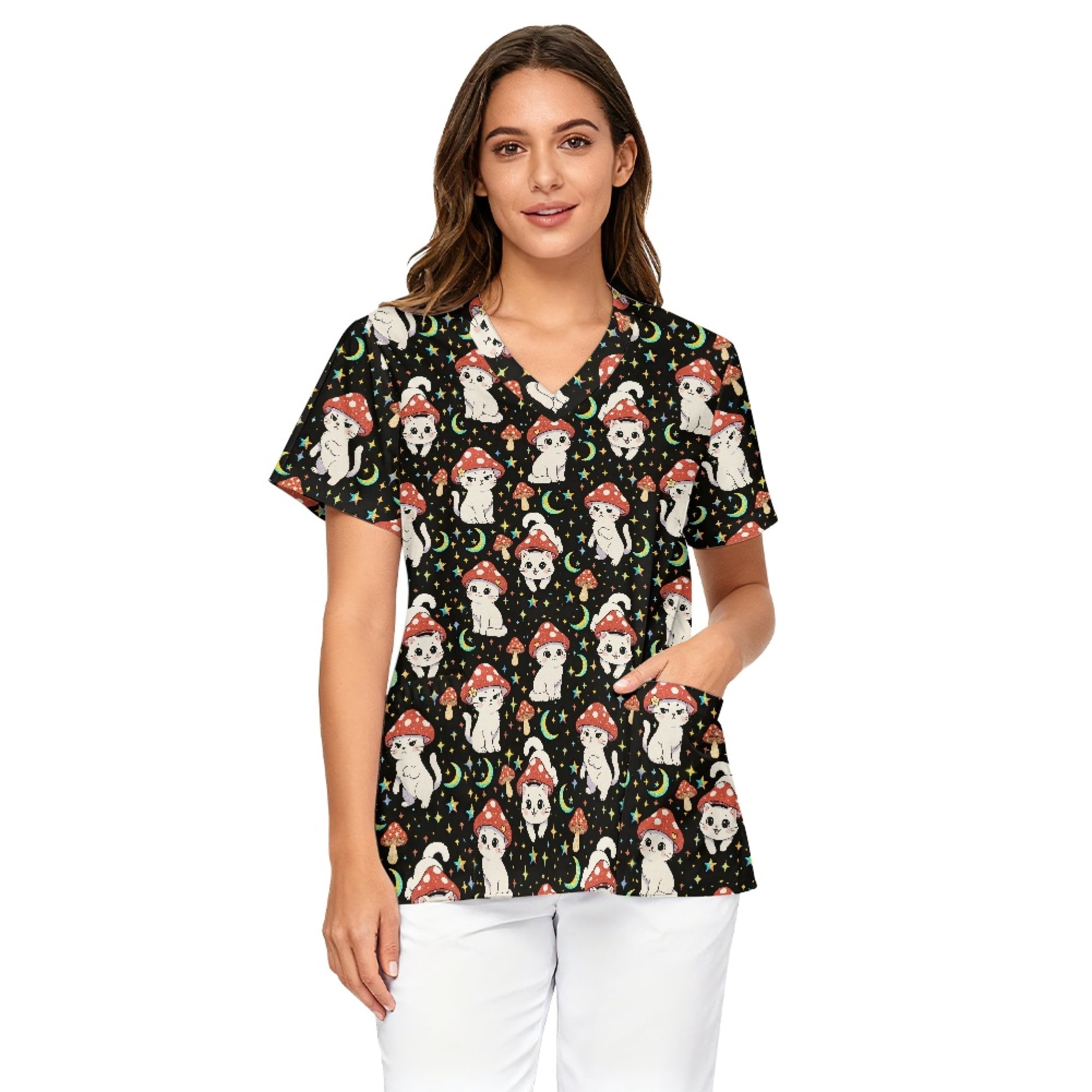 Binienty Mushroom Cat Moon Pattern Scrub Top for Women Stretchy V Neck ...