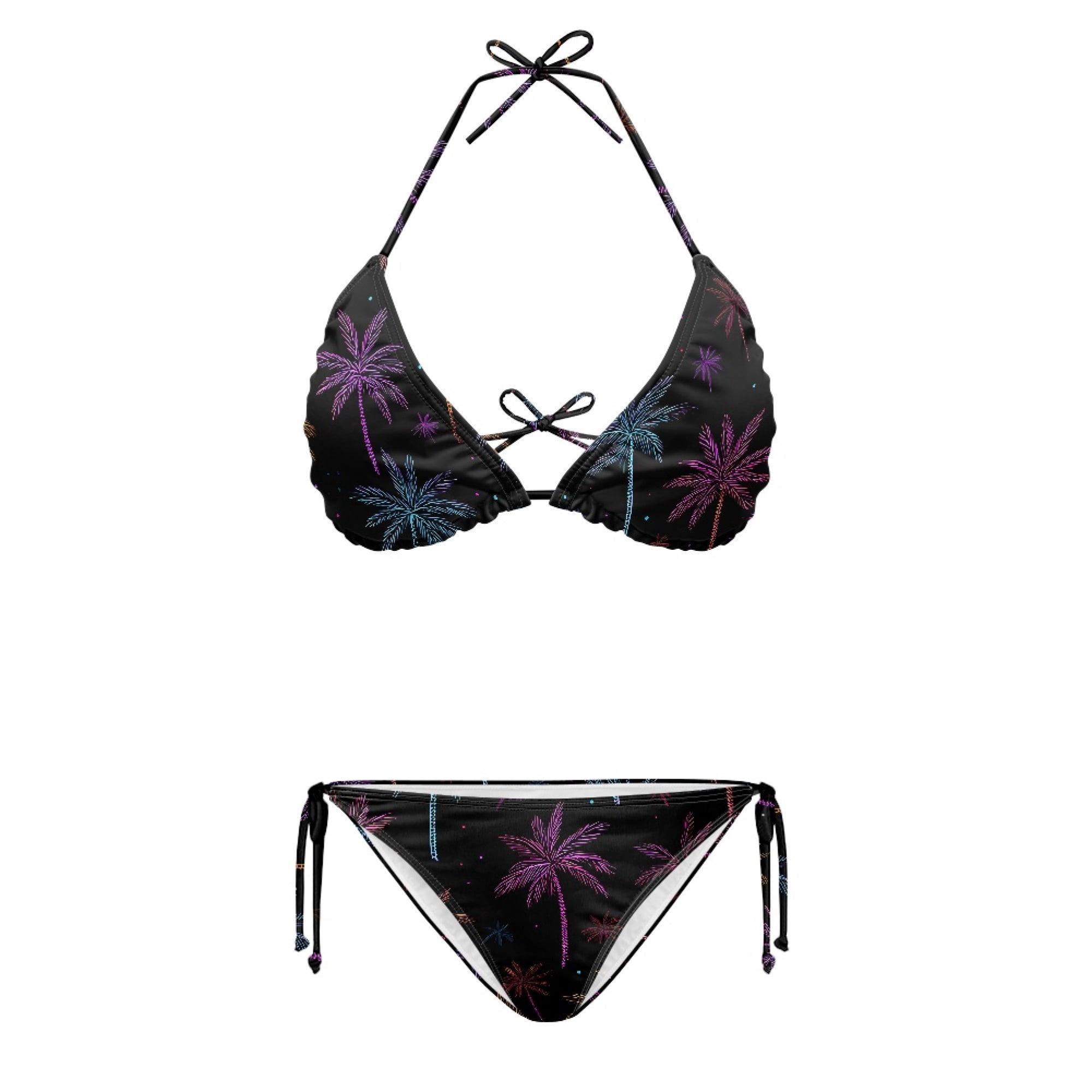 Binienty Neon Palm Tree Pattern Two Piece Bathing Suit, Spaghetti Strap ...