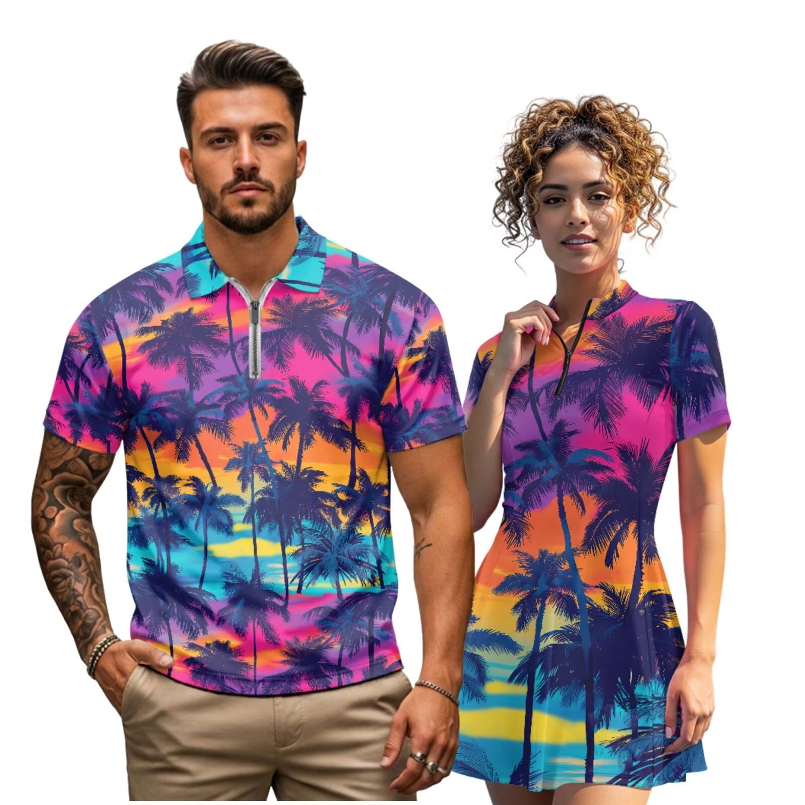 Binienty Neon Sunset Palm Couples Matching Golf Outfits Comfortable ...