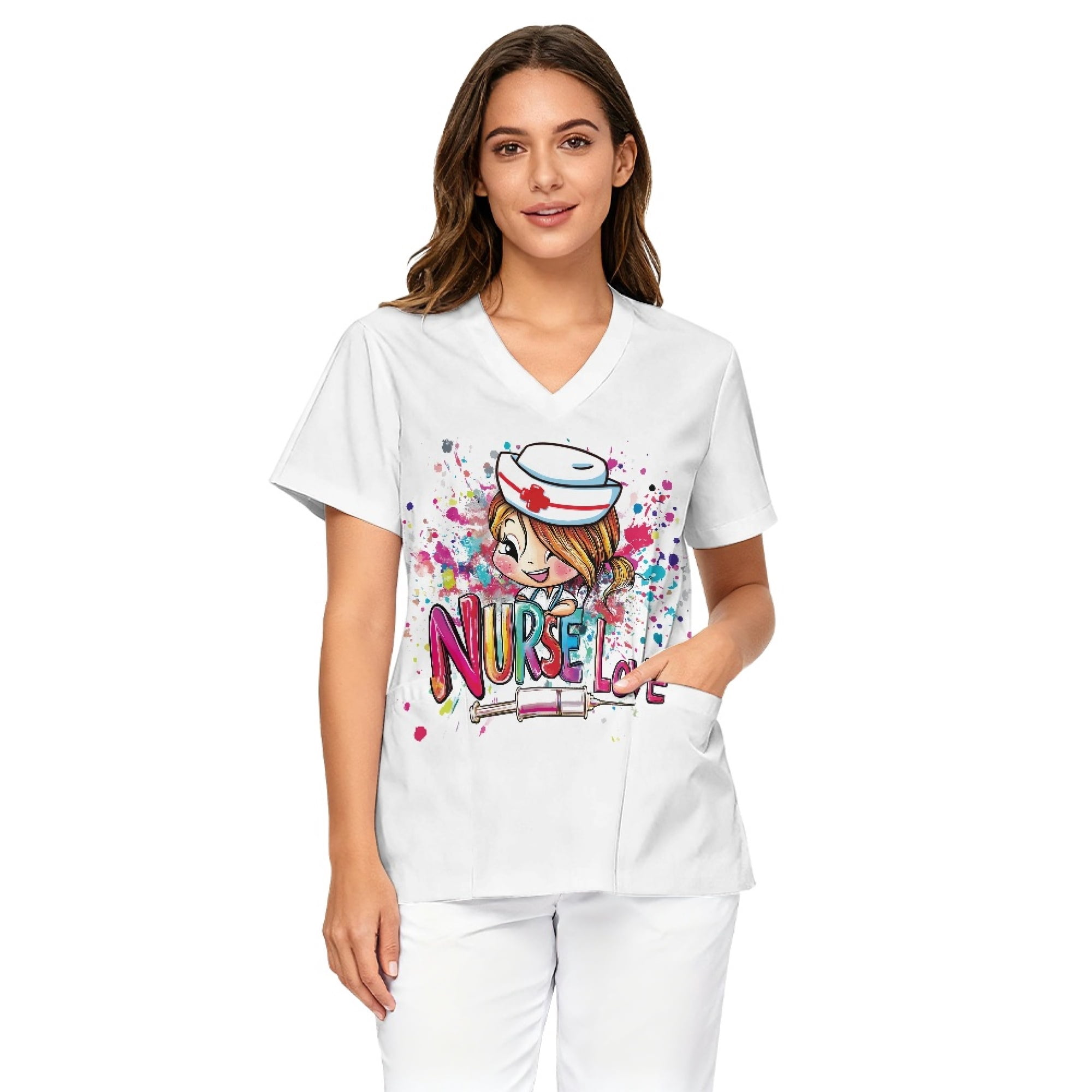 Binienty Nurse Love Print Healthcare Apparel for Women Breathable V ...