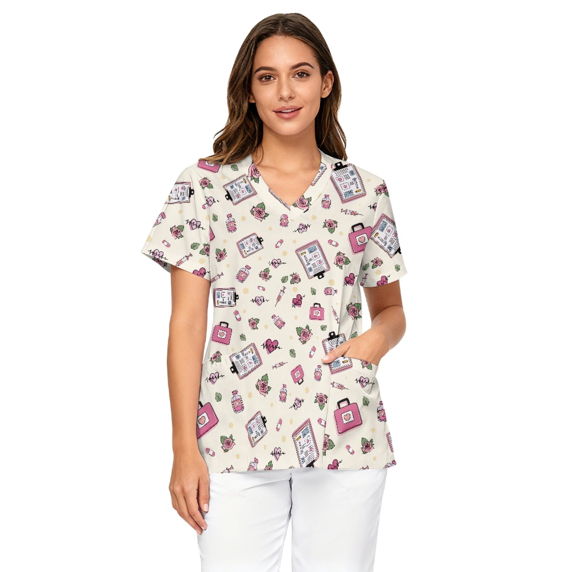 Binienty Nurse Medical Floral Pattern Workwear for Women Stretchy Short ...