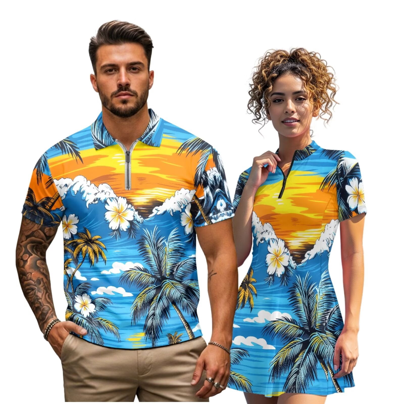 Binienty Ocean Wave Palm Golf Clothing Set for Couple Fashion Short ...