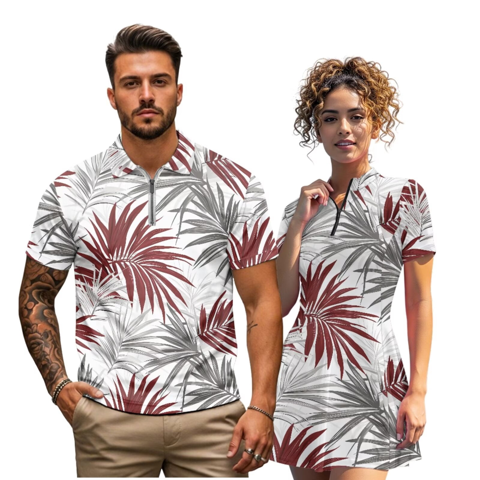 Binienty Palm Leaf Golf Apparel for Couple Relaxed Zip Up Collar Quick ...