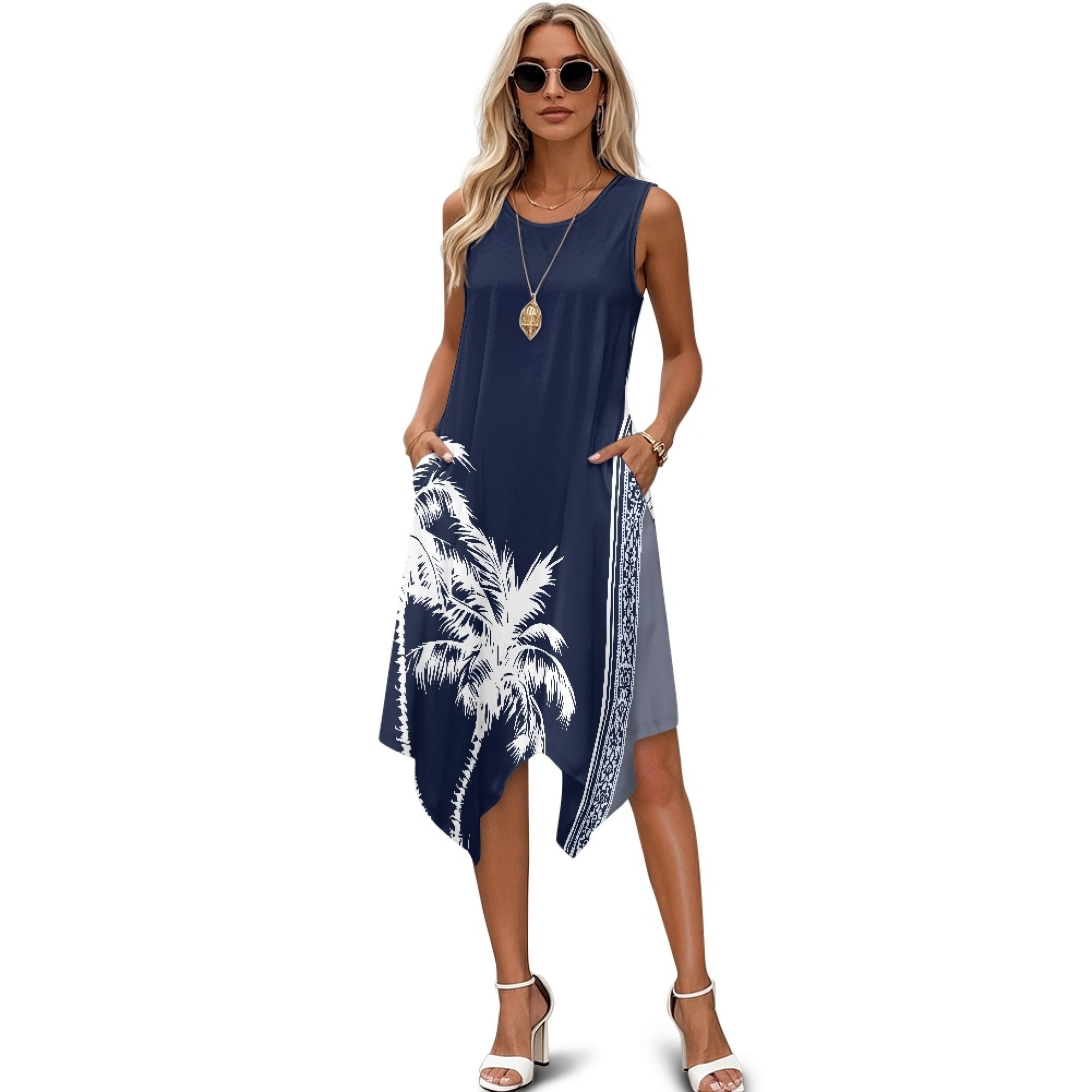 Binienty Palm Tree Border Print Casual Midi Dress, Side Pockets ...